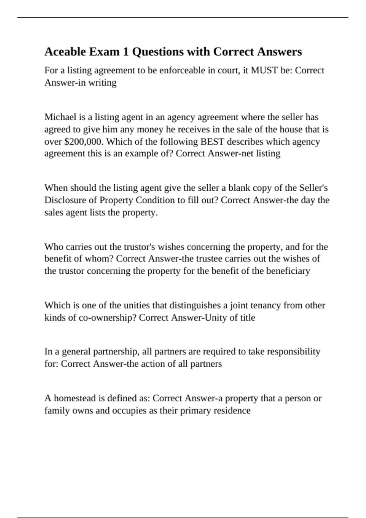 Aceable Exam 1 Questions with Correct Answers. - Aceable agent real ...