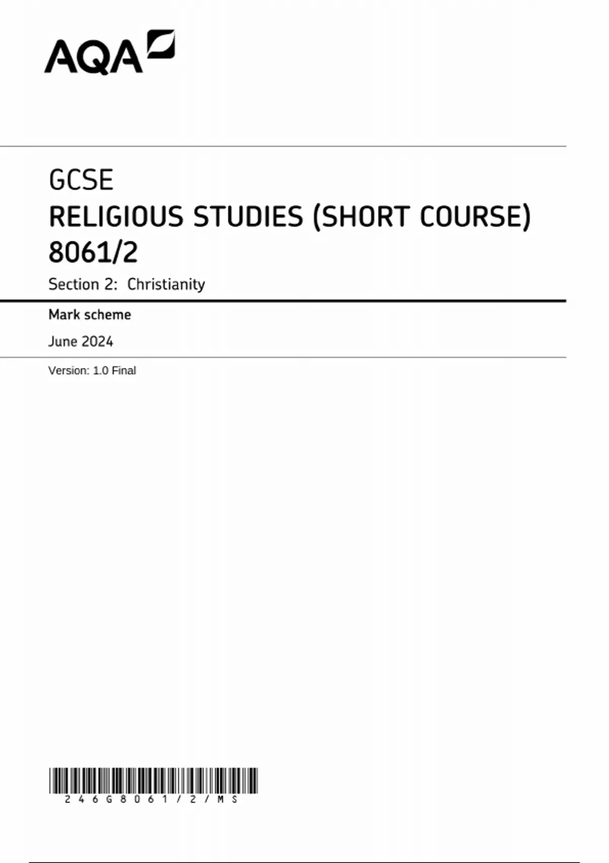 2024 AQA GCSE RELIGIOUS STUDIES (SHORT COURSE) MARK SCHEME SECTION 2 ...