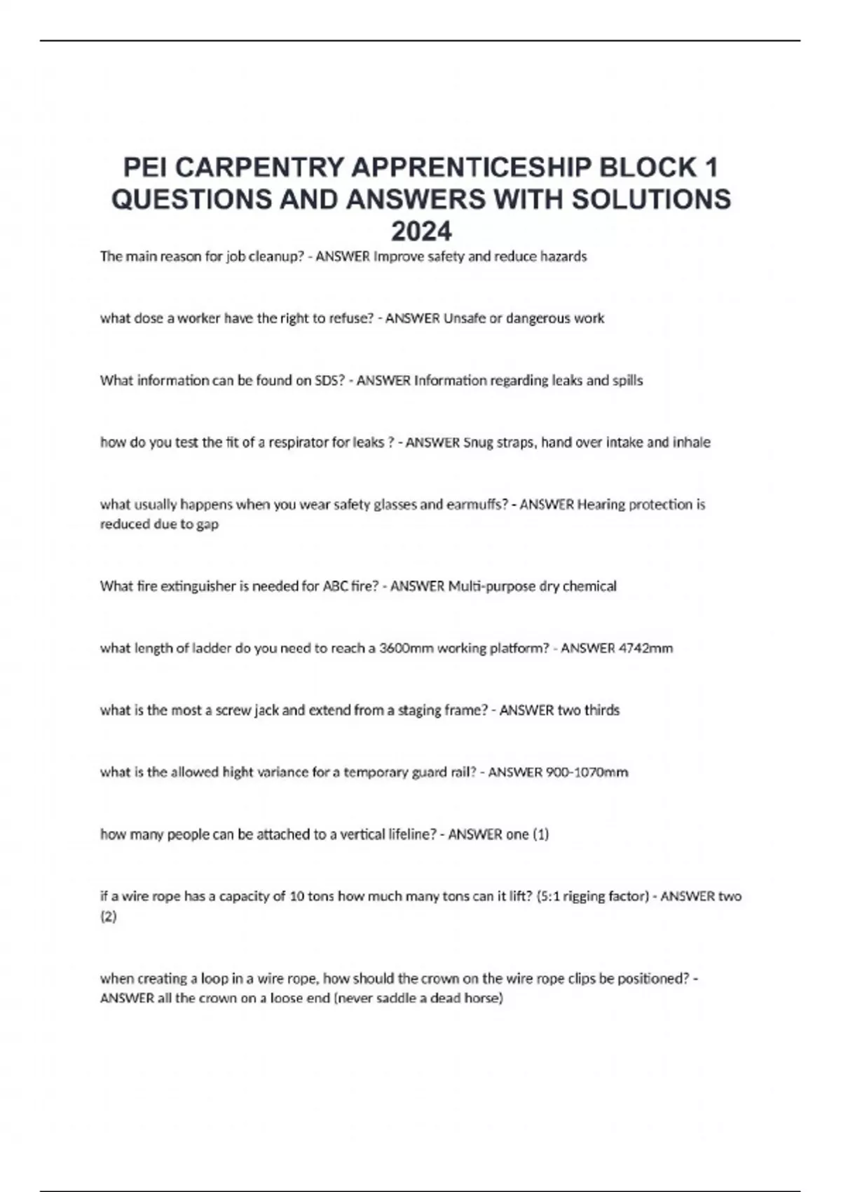 PEI CARPENTRY APPRENTICESHIP BLOCK 1 QUESTIONS AND ANSWERS WITH SOLUTIONS 2024 - CARPENTRY ...