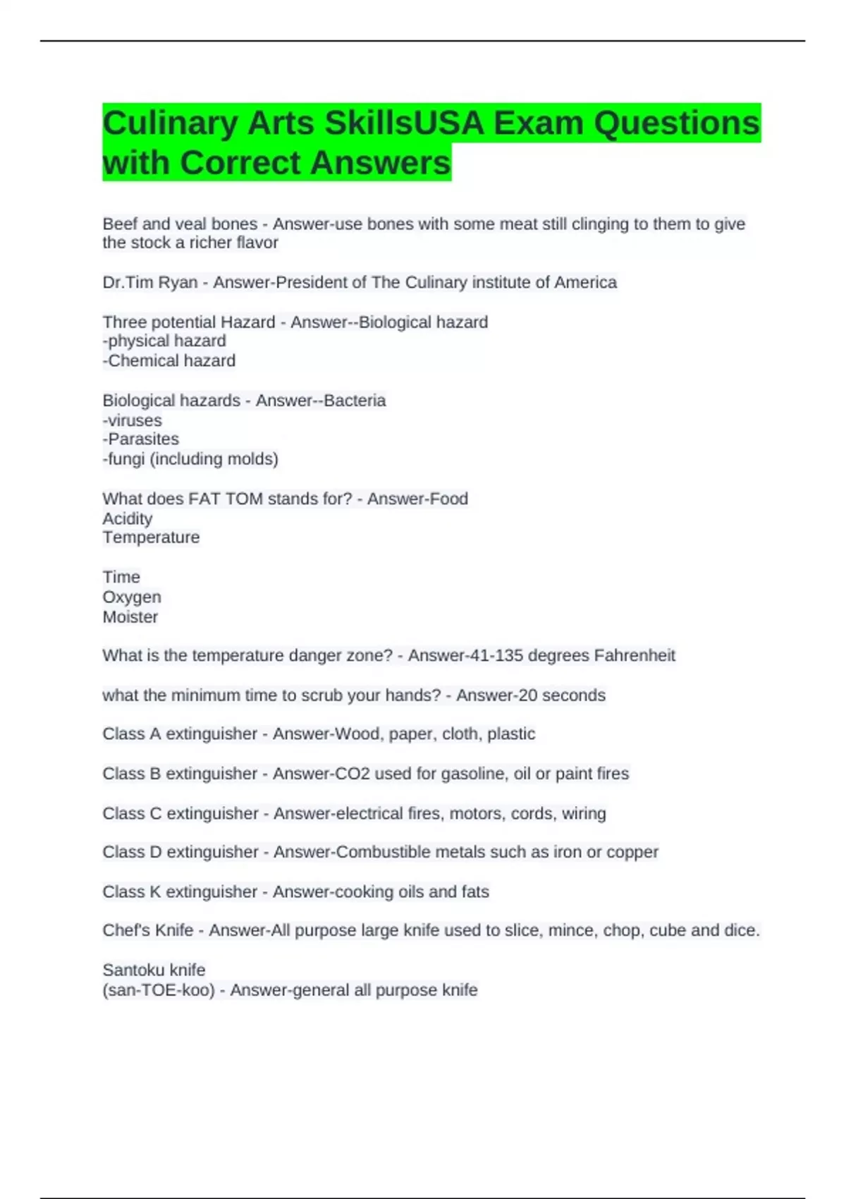 Culinary Arts SkillsUSA Exam Questions with Correct Answers - Culinary ...