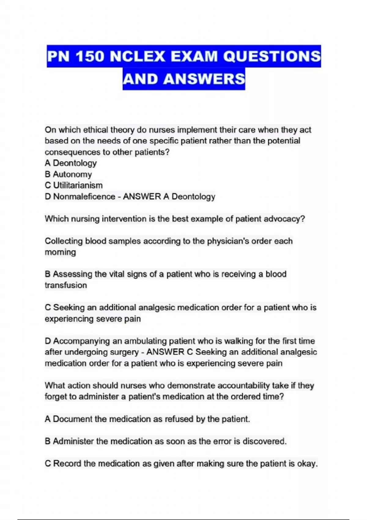 PN 150 NCLEX EXAM QUESTIONS AND ANSWERS - PN 150 NCLEX - Stuvia US