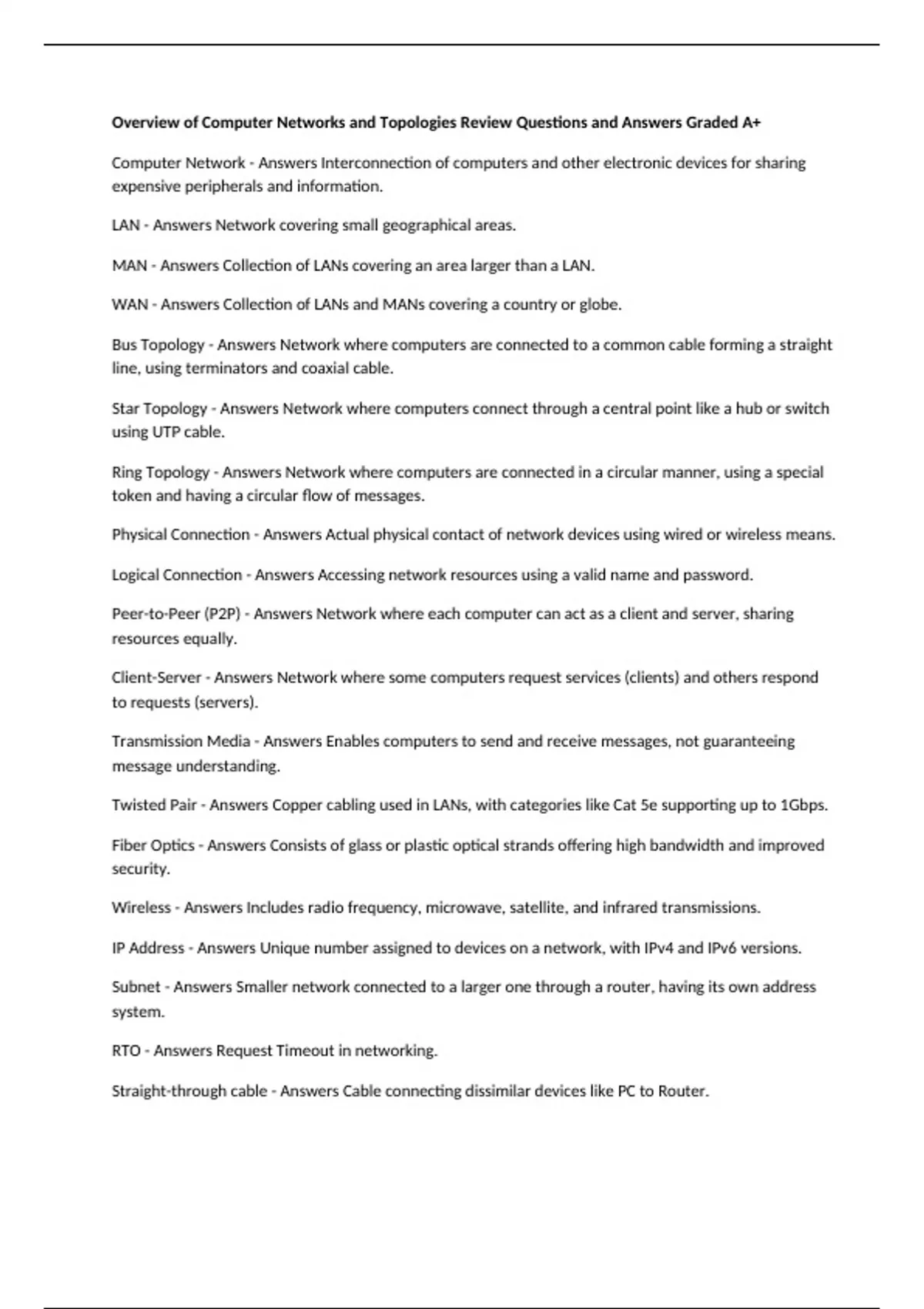 Overview of Computer Networks and Topologies Review Questions and ...