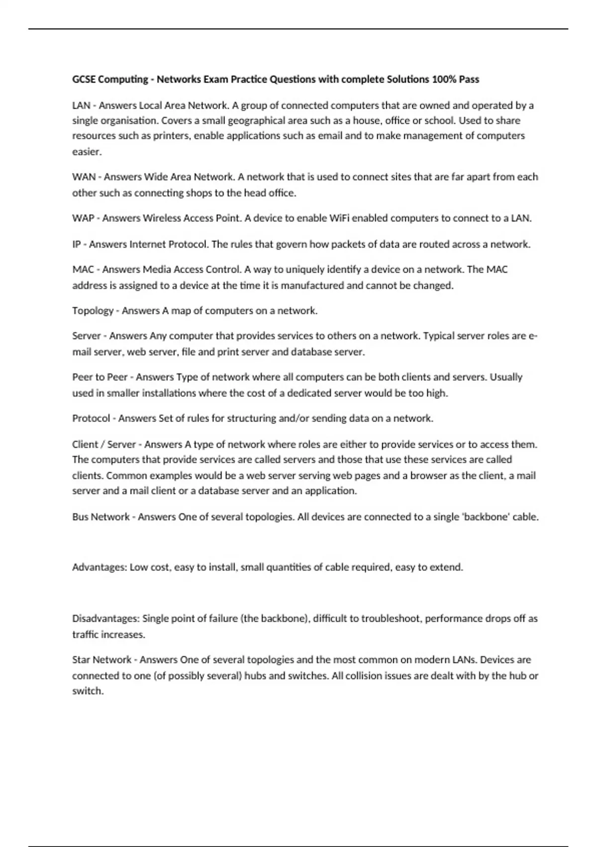 GCSE Computing - Networks Exam Practice Questions with complete Solutions 100% Pass - Computer ...