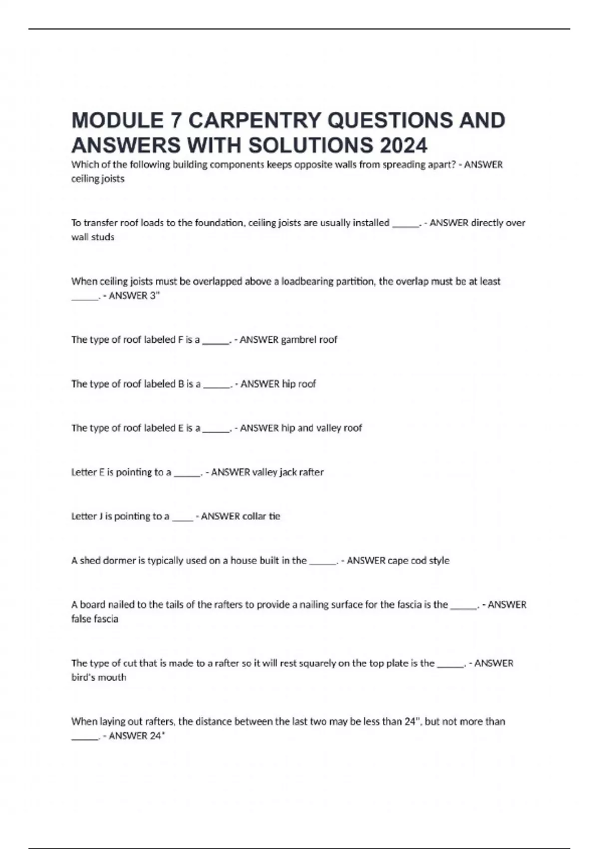 MODULE 7 CARPENTRY QUESTIONS AND ANSWERS WITH SOLUTIONS 2024 ...