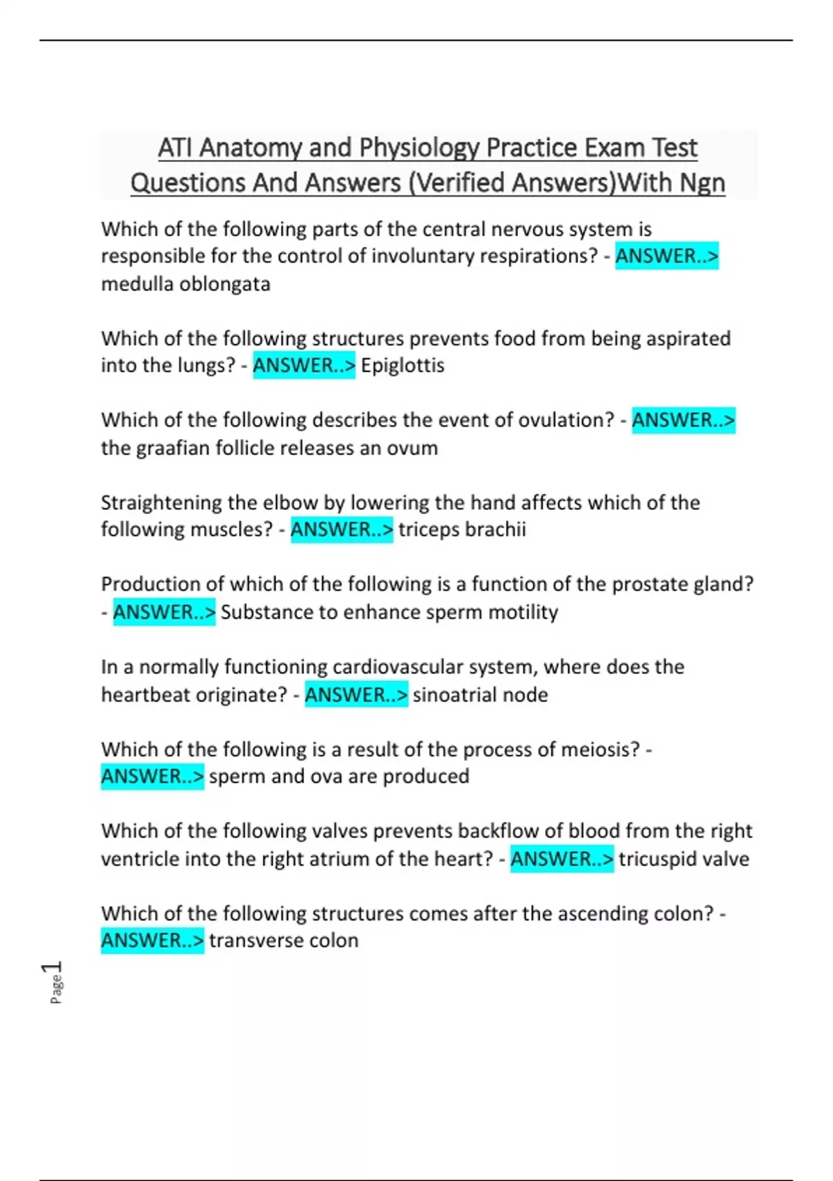 ATI Anatomy and Physiology Practice Exam Test Questions And Answers ...