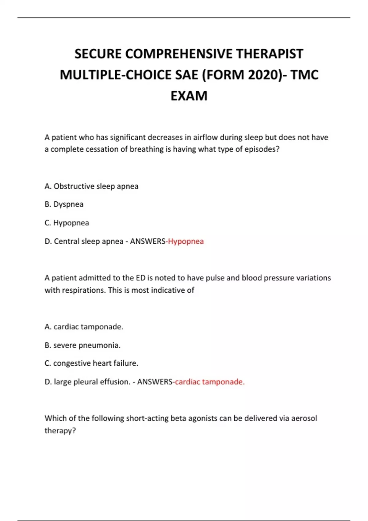 SECURE COMPREHENSIVE THERAPIST MULTIPLE-CHOICE SAE(FORM 2020)-TMC EXAM QUESTIONS AND ANSWERS ...