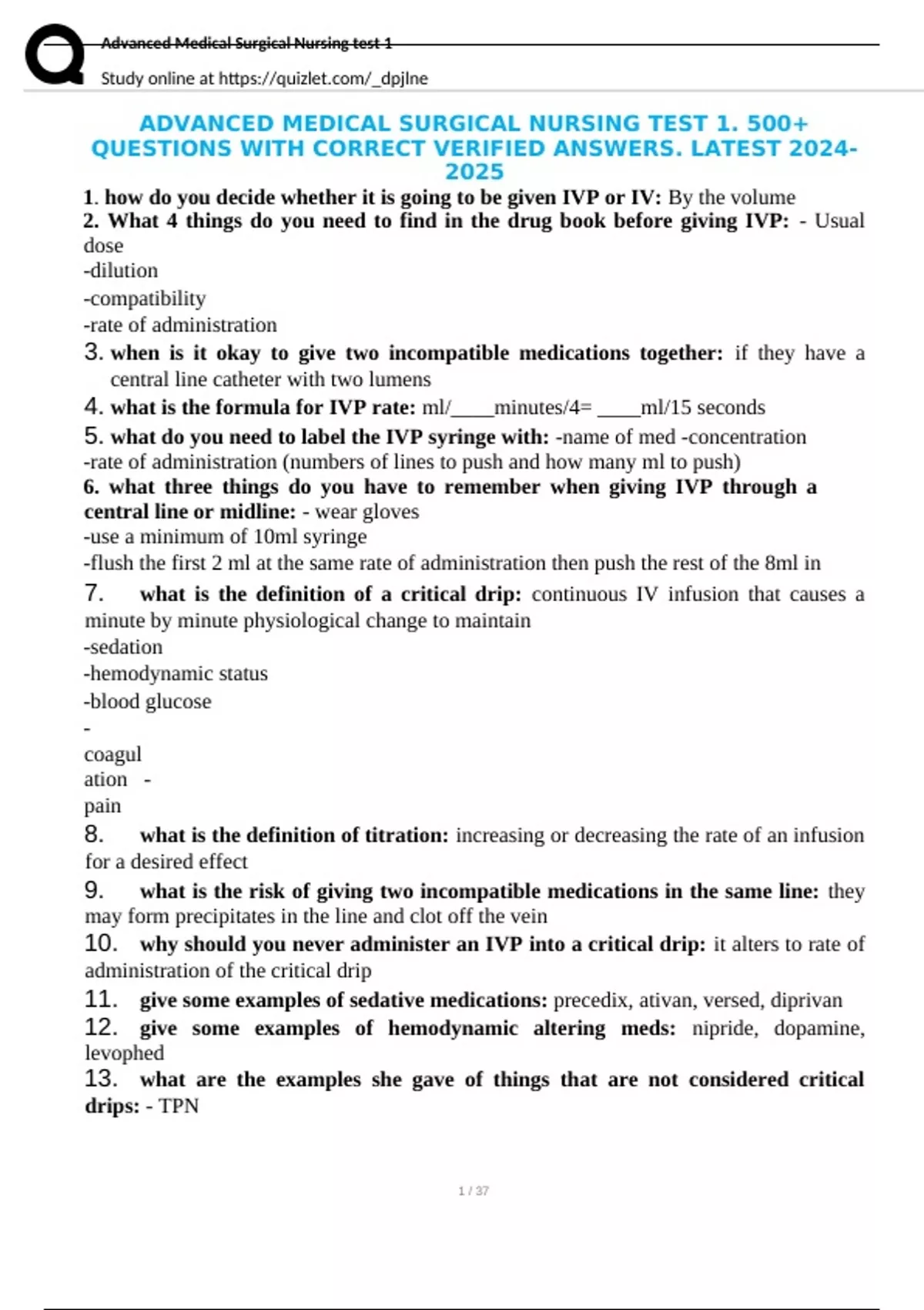 ADVANCED MEDICAL SURGICAL NURSING TEST 1. 500+ QUESTIONS WITH CORRECT ...