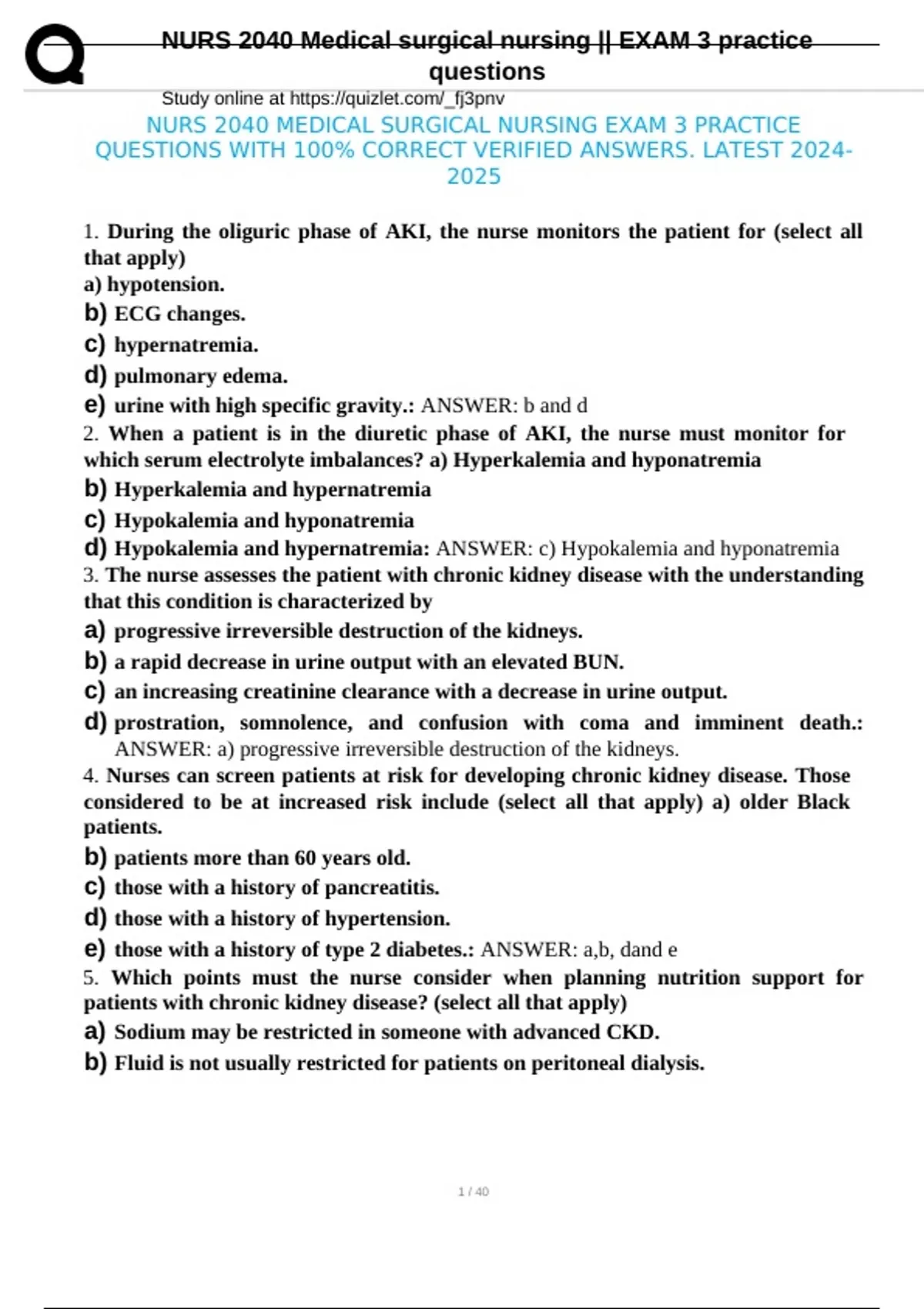 NURS 2040 MEDICAL SURGICAL NURSING EXAM 3 PRACTICE QUESTIONS WITH 100% CORRECT VERIFIED ANSWERS ...