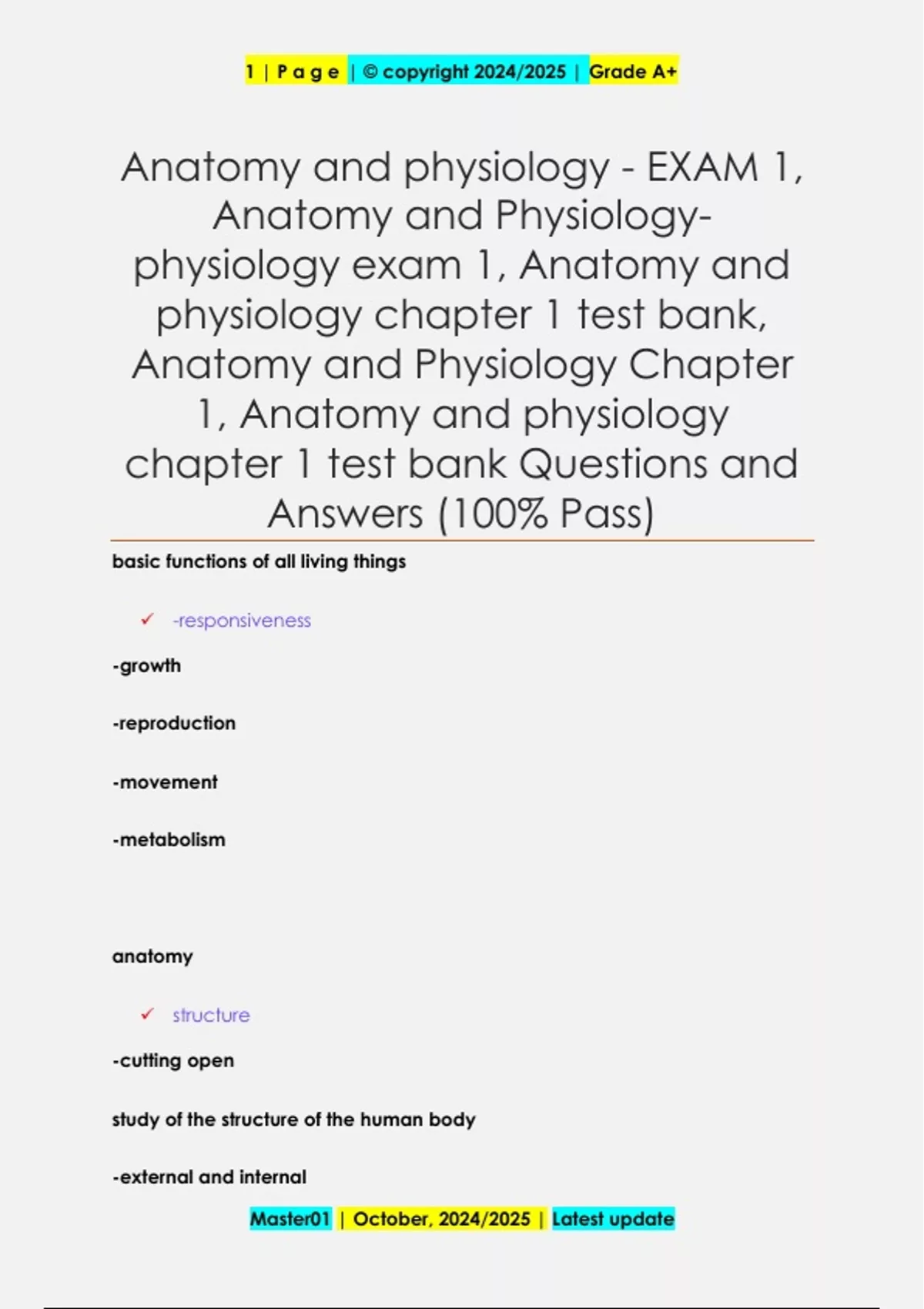 Anatomy and physiology - EXAM 1, Anatomy and Physiology physiology exam ...