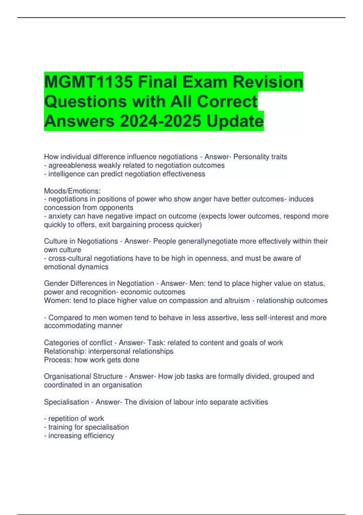 MGMT1135 Final Exam Revision Questions with All Correct Answers Update ...