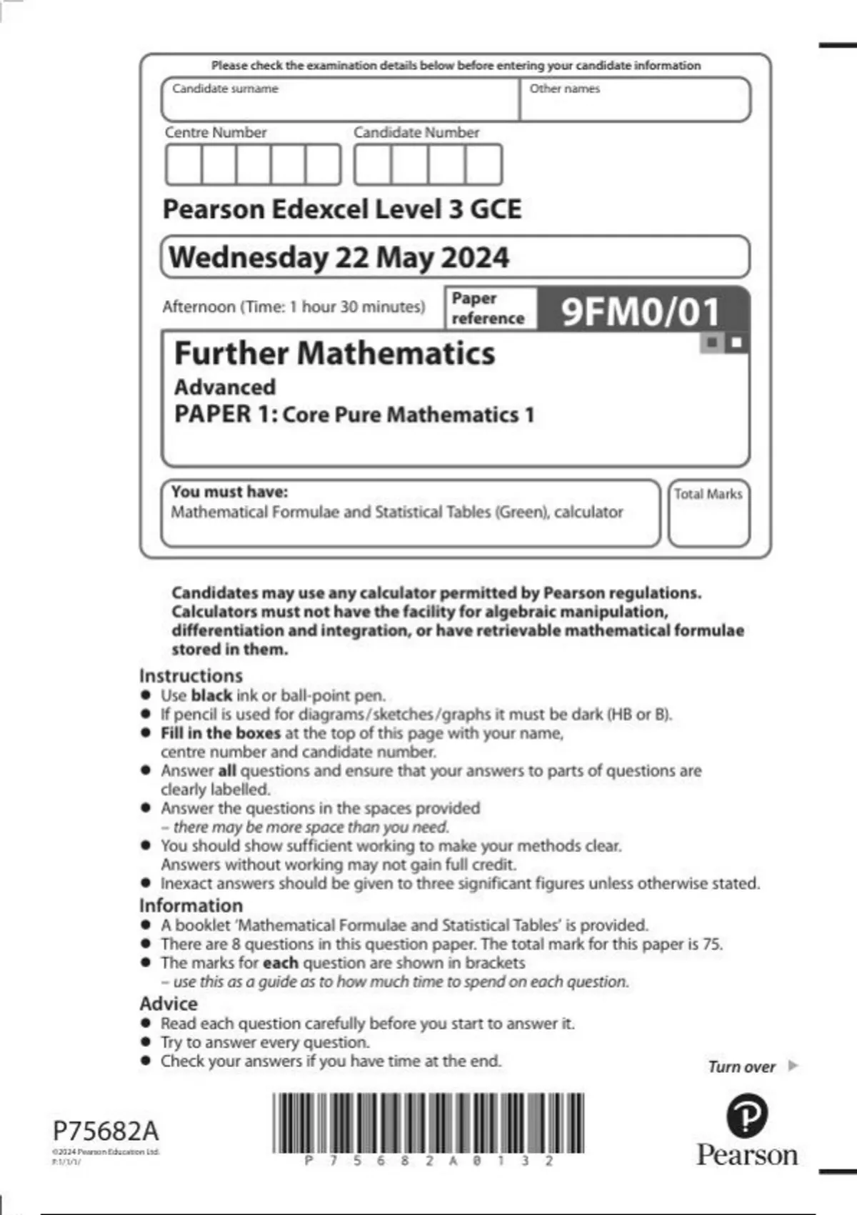 Pearson Edexcel GCE In A Level Further Mathematics (9FM0) Paper 01 Core ...