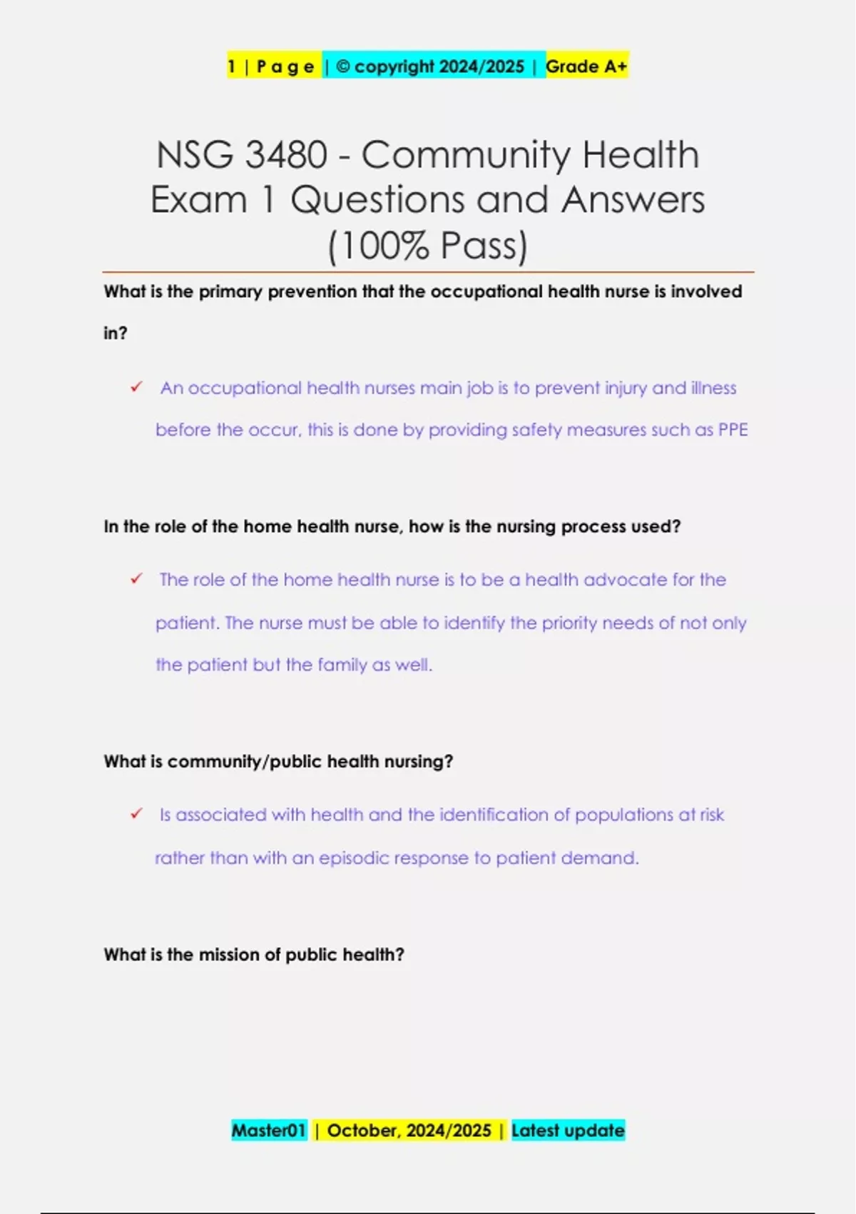 NSG 3480 - Community Health Exam 1 Questions and Answers (100% Pass ...