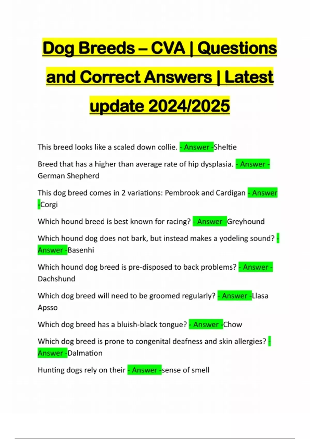 Dog Breeds – CVA | Questions and Correct Answers | Latest update 2024/ ...