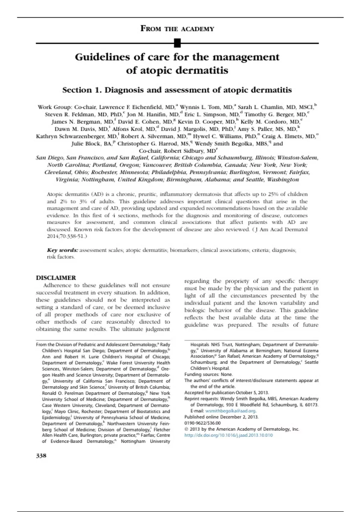 Guidelines of care for the management of atopic dermatitis Section 1 ...