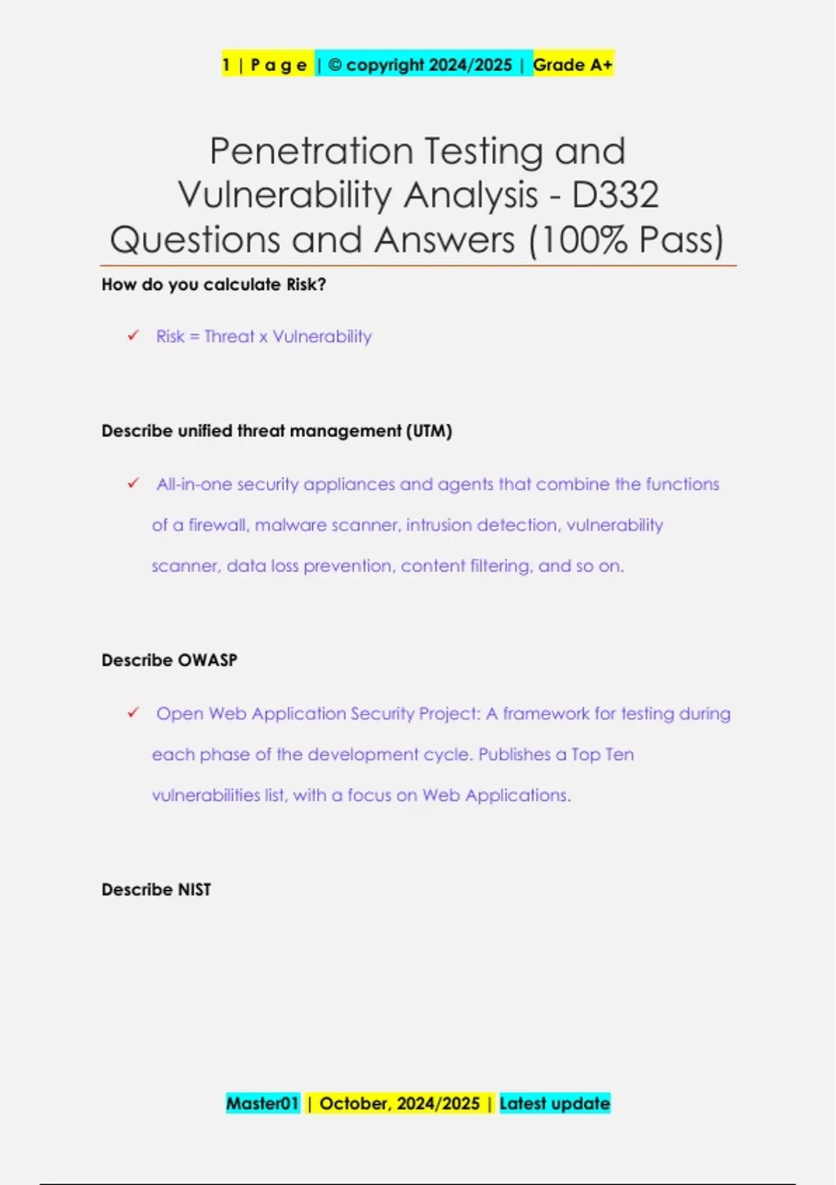 Penetration Testing and Vulnerability Analysis - D332 Questions and ...