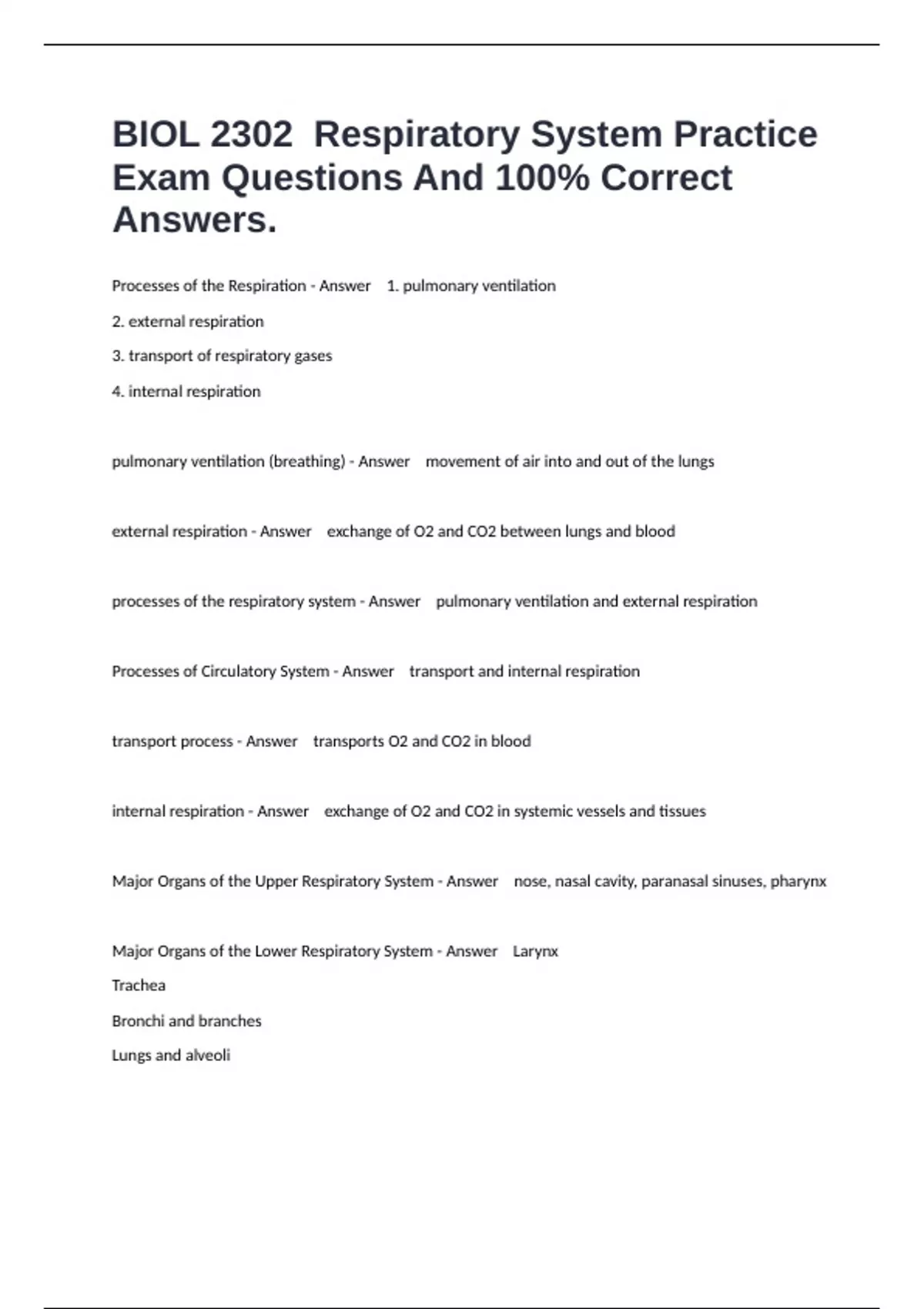 BIOL 2302 Respiratory System Practice Exam Questions And 100% Correct ...