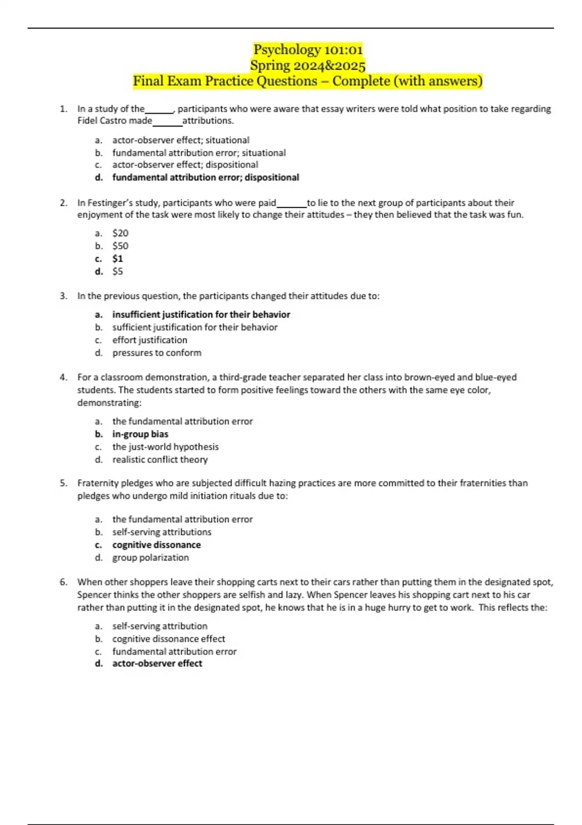 Psychology 101:01 Spring 2024&2025 Final Exam Practice Questions ...