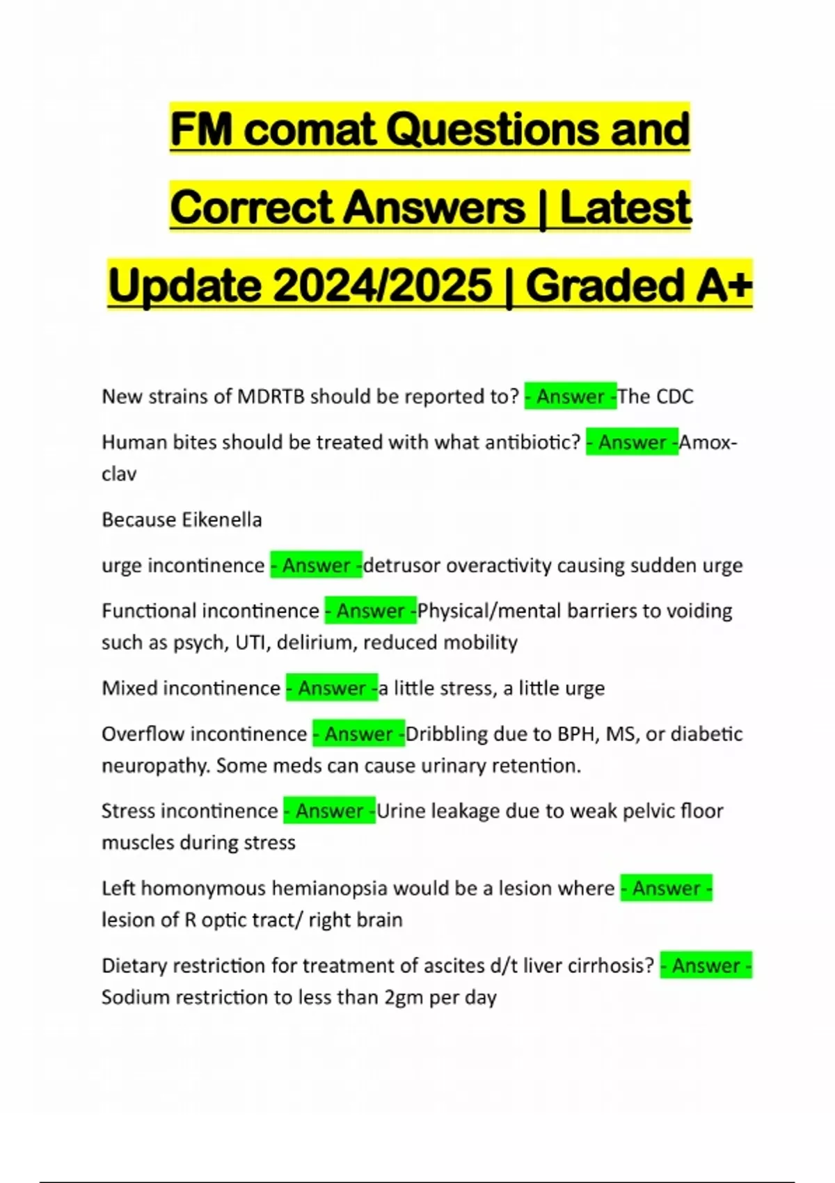 FM comat Questions and Correct Answers | Latest Update 2024/2025 ...
