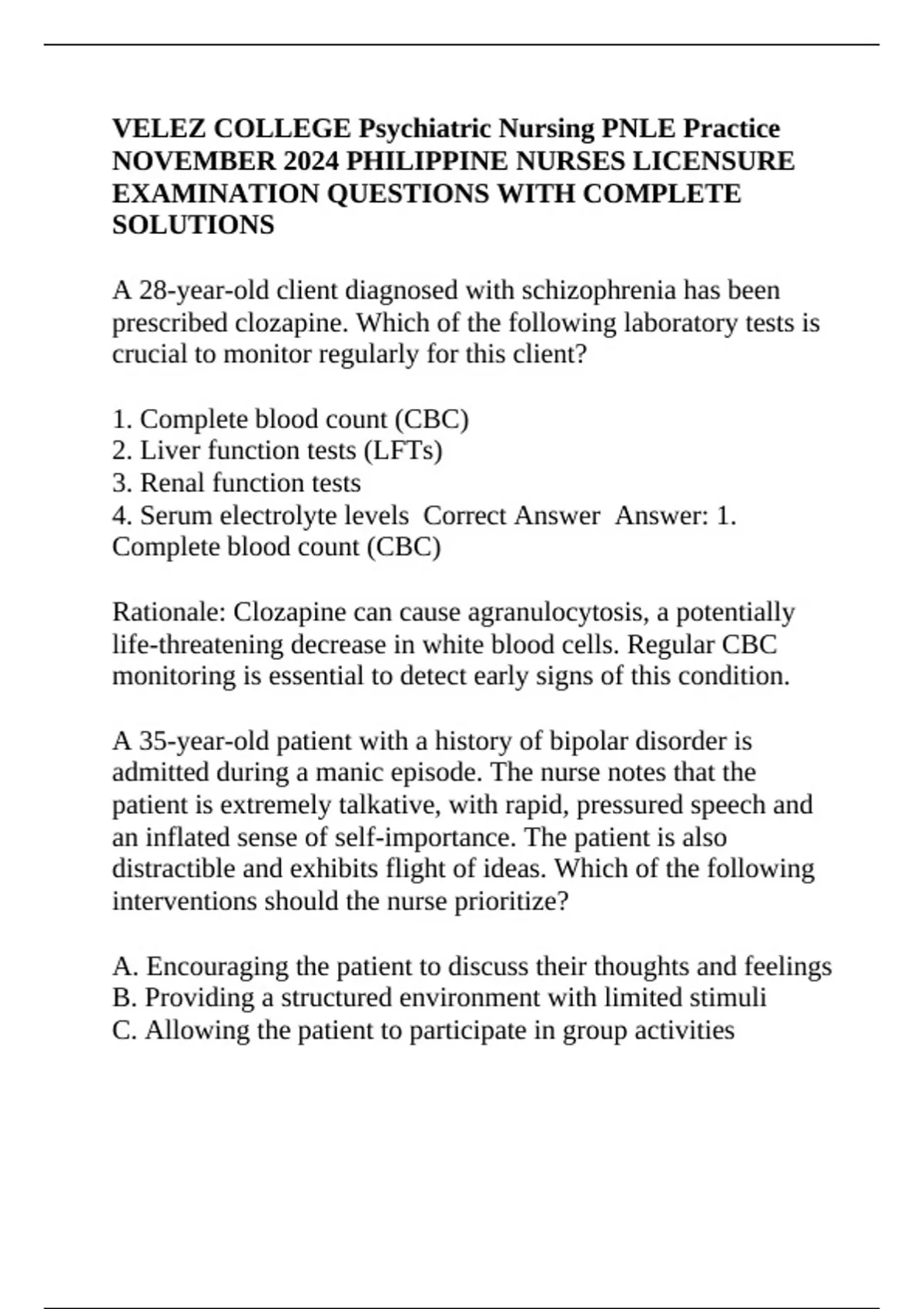 VELEZ COLLEGE Psychiatric Nursing PNLE Practice NOVEMBER 2024 ...