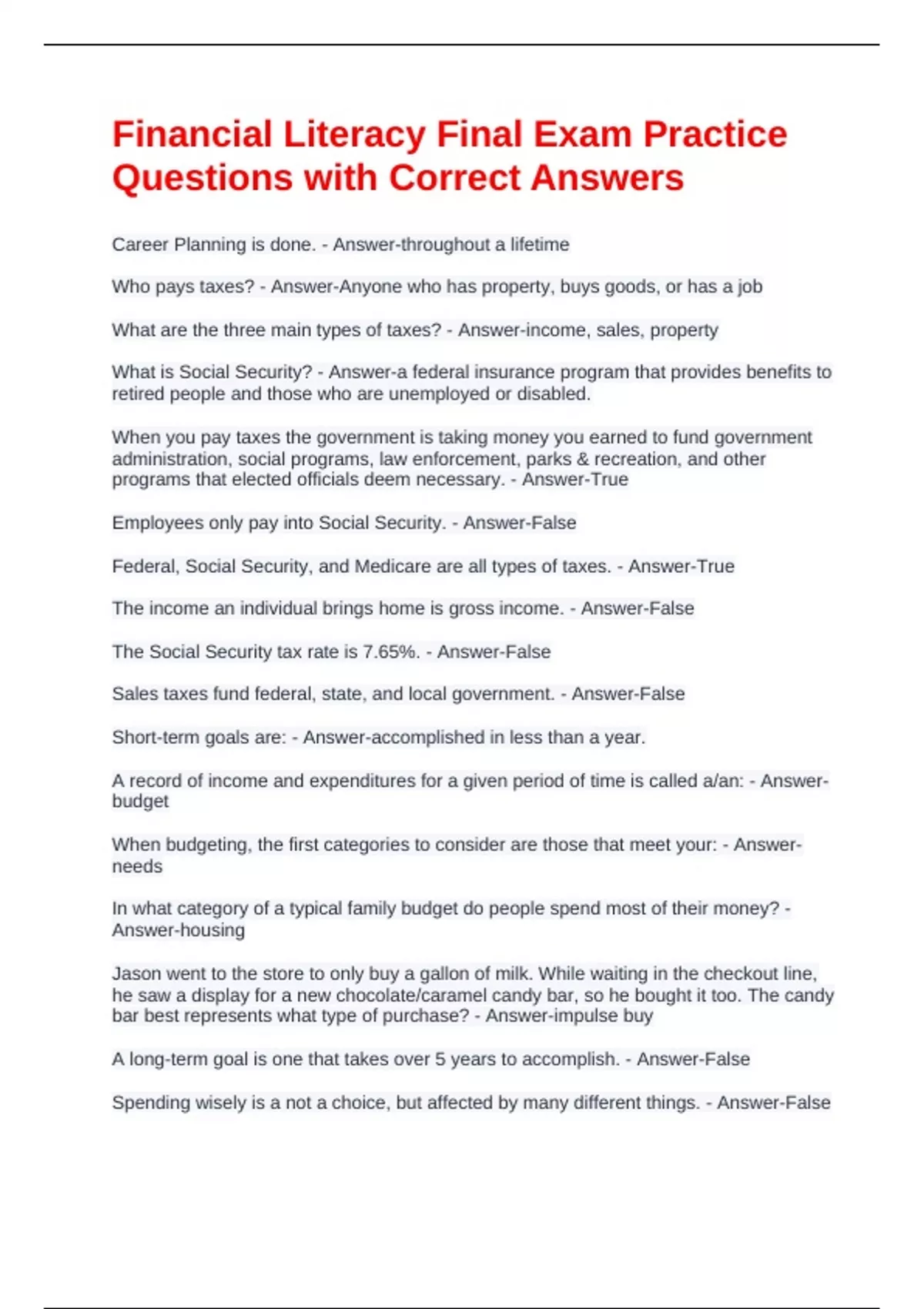 Financial Literacy Final Exam Practice Questions with Correct Answers ...