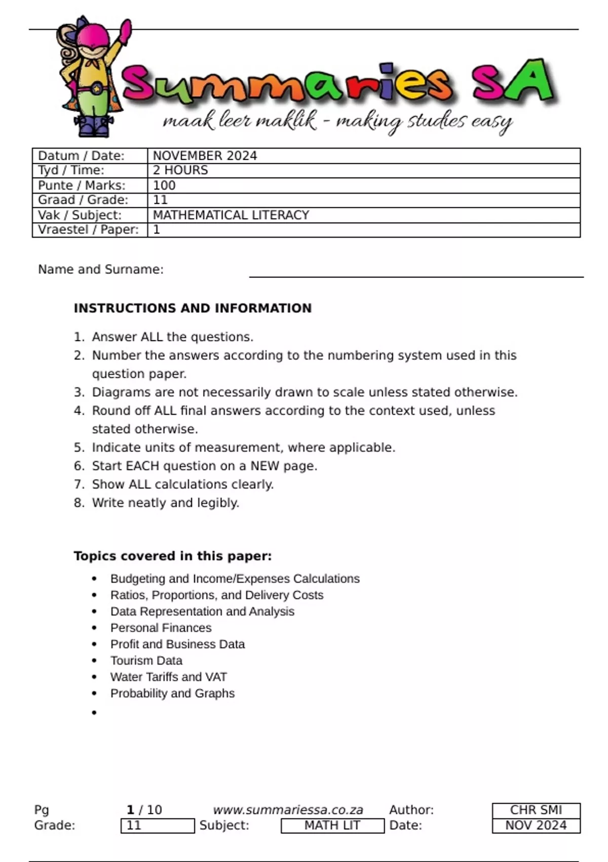 Grade 11 Mathematical Literacy (MATH LIT) November Paper 1 and Memo ...