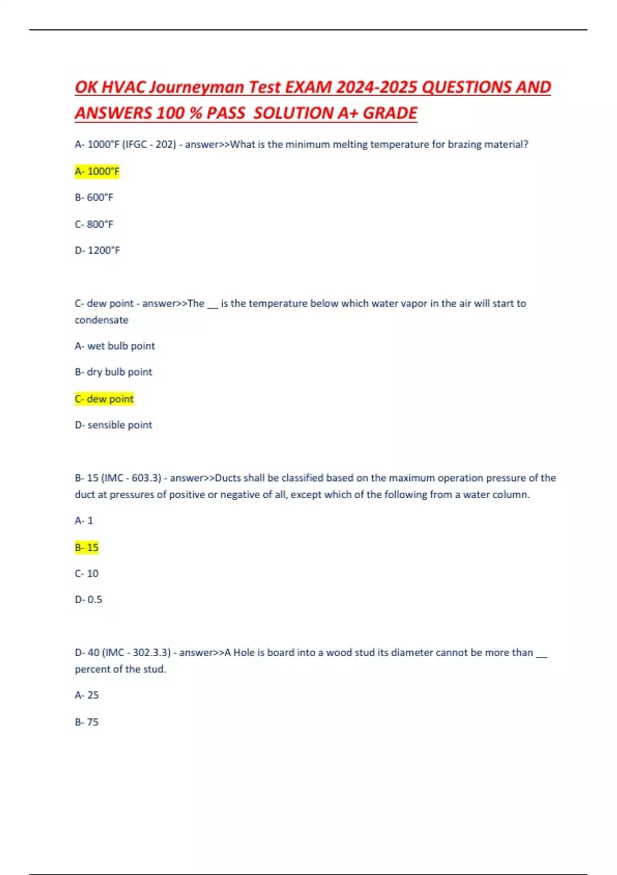 OK HVAC Journeyman Test EXAM QUESTIONS AND ANSWERS 100 % PASS SOLUTION ...