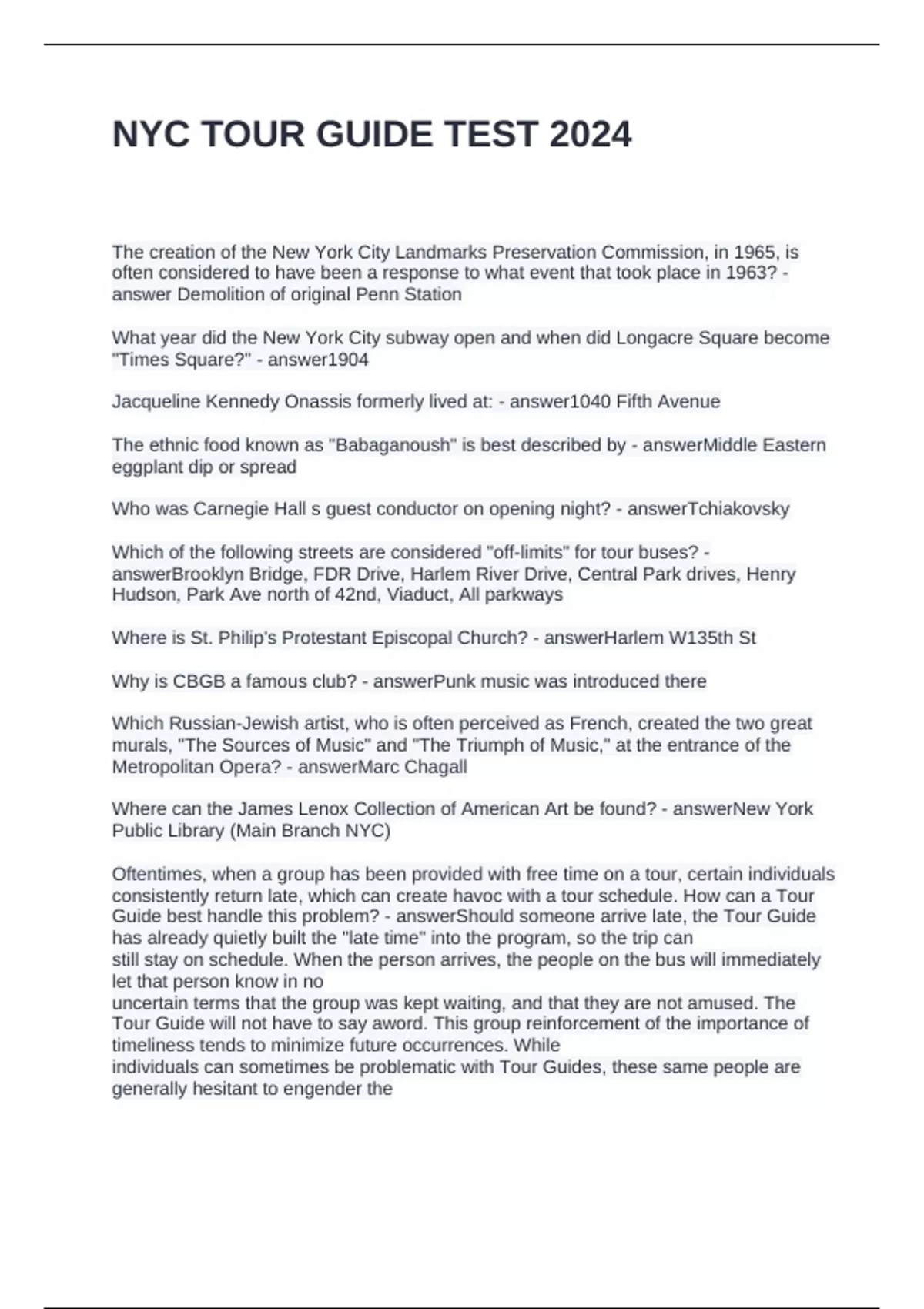 NYC TOUR GUIDE TEST 2024 QUESTIONS AND ANSWERS 100% CORRECT - NYC Tour ...