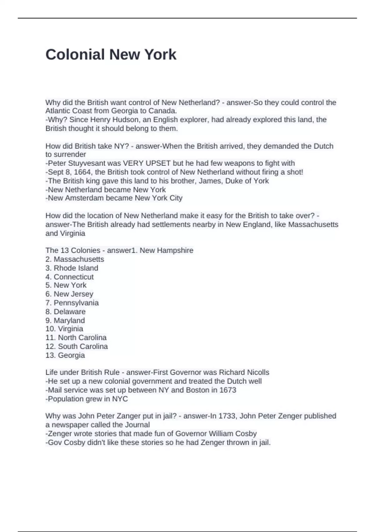 Colonial New York Questions and Answers 2024 - NYC Tour - Stuvia US