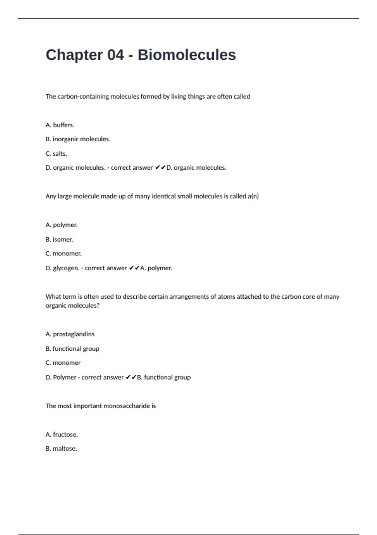 Chapter 04 - Biomolecules questions with 100% correct answers ...