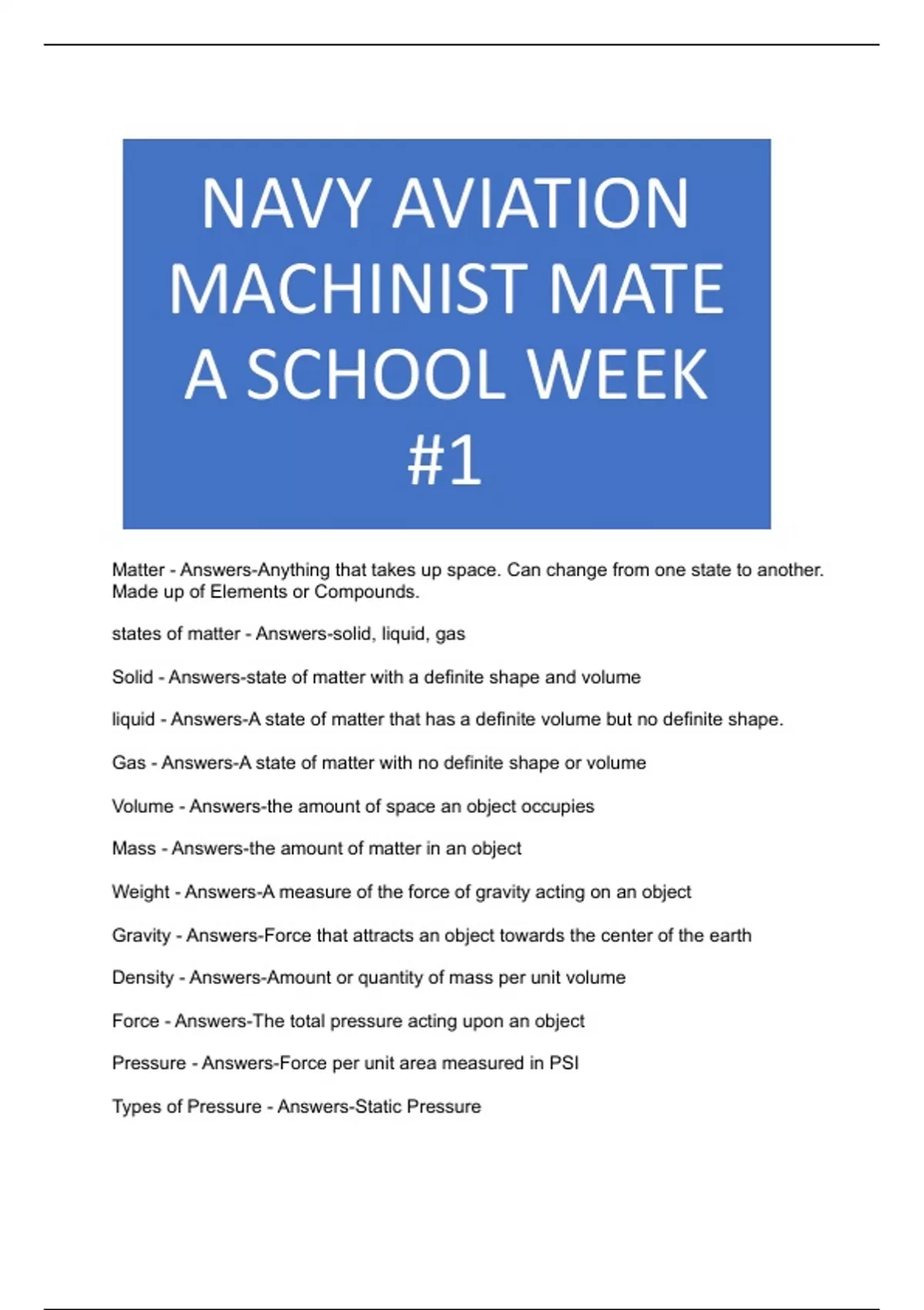 NAVY AVIATION MACHINIST MATE A SCHOOL WEEK -1 - AVIATION MACHINIST MATE ...