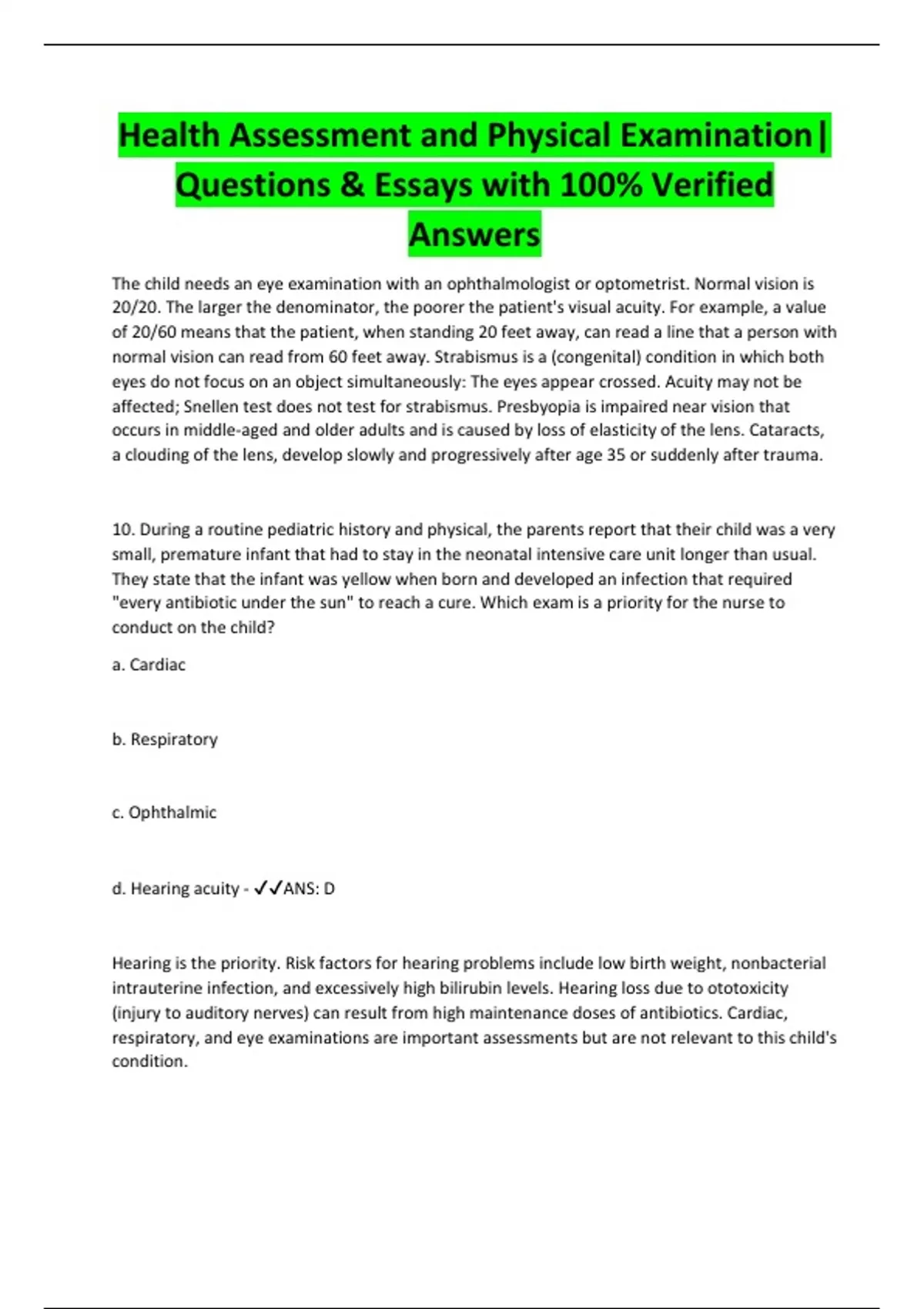 Health Assessment and Physical Examination| Questions & Essays with 100 ...