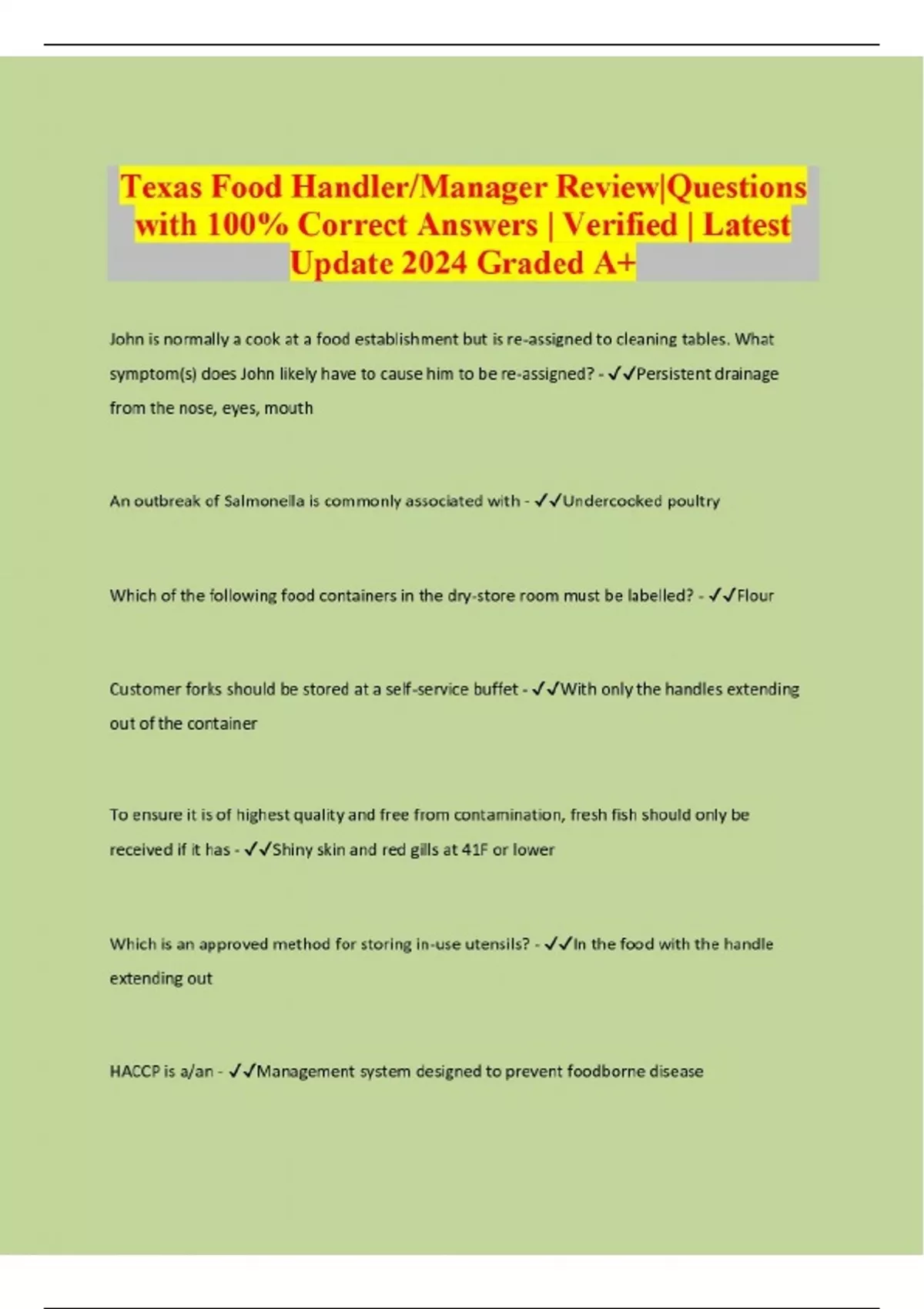 Texas Food Handler/Manager Review|Questions with 100% Correct Answers ...