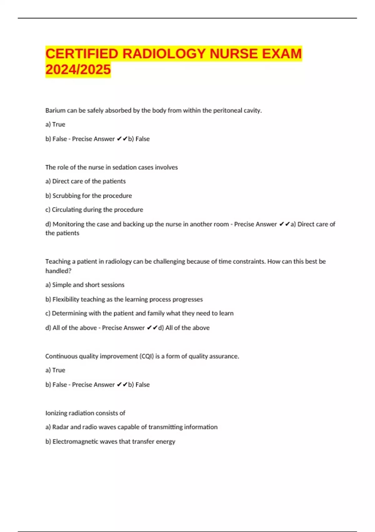 CERTIFIED RADIOLOGY NURSE EXAM 2024/2025 - CERTIFIED RADIOLOGY NURSE ...
