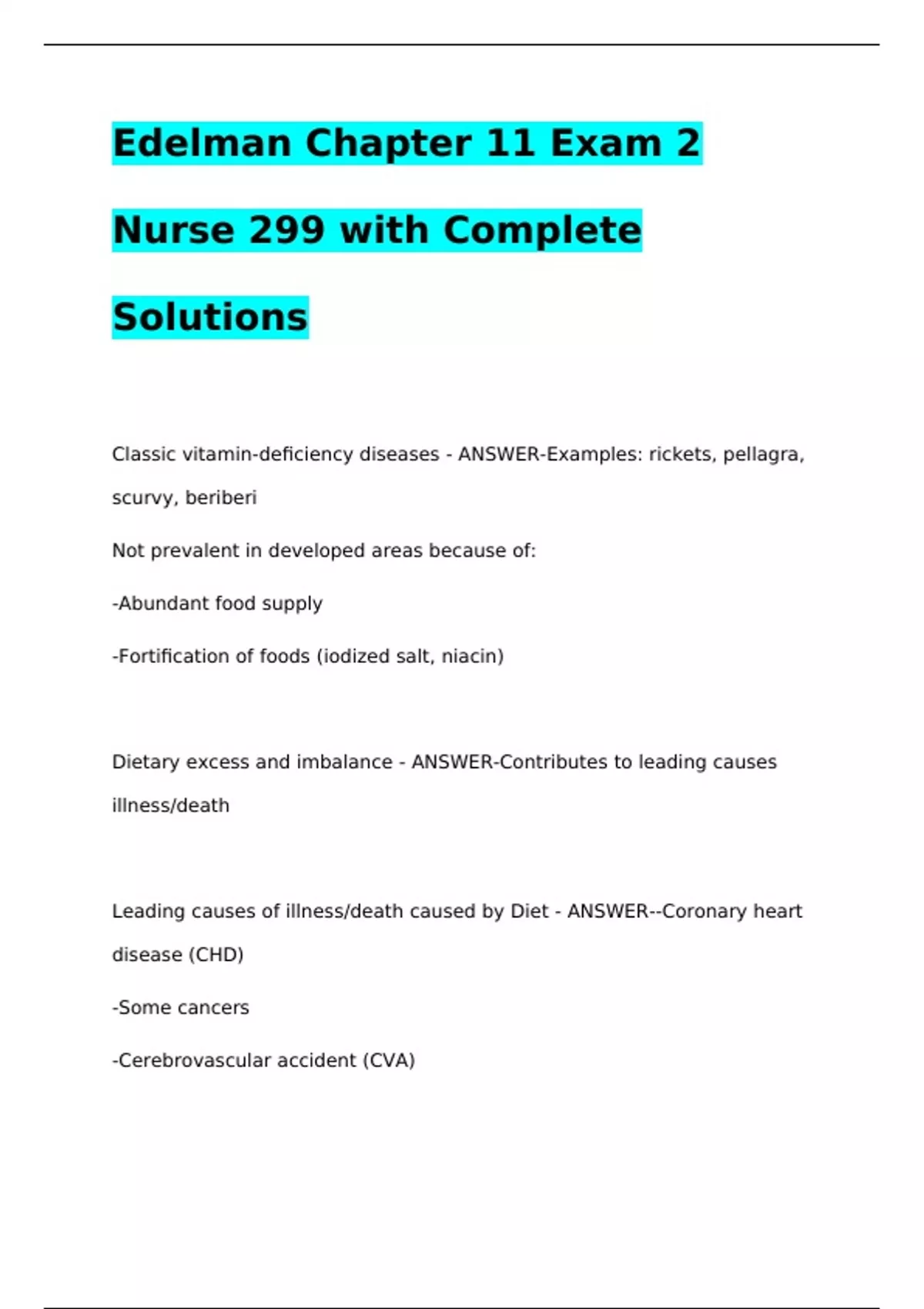 Edelman Chapter 11 Exam 2 Nurse 299 with Complete Solutions - Edelman ...