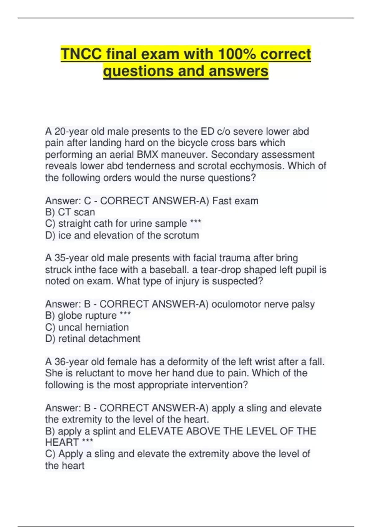 TNCC final exam with 100% correct questions and answers - TNCC - Stuvia US