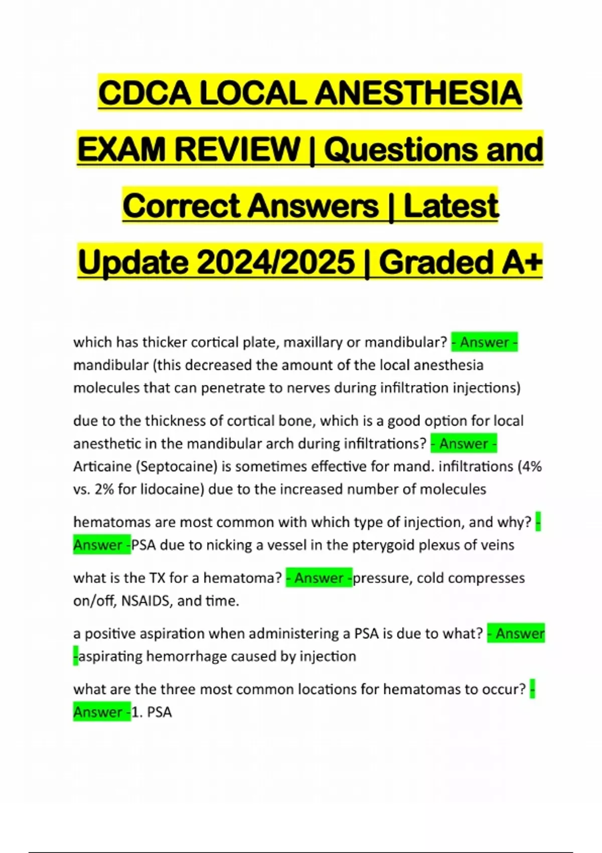 CDCA LOCAL ANESTHESIA EXAM REVIEW ACTUAL 2025/2026 QUESTIONS AND 100% ...