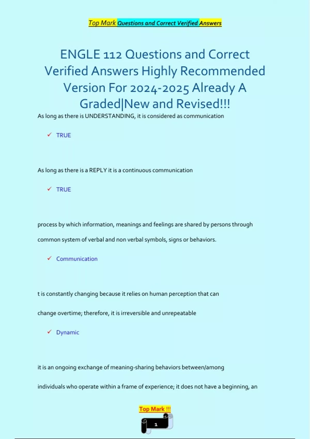 ENGLE 112 Questions and Correct Verified Answers Highly Recommended ...
