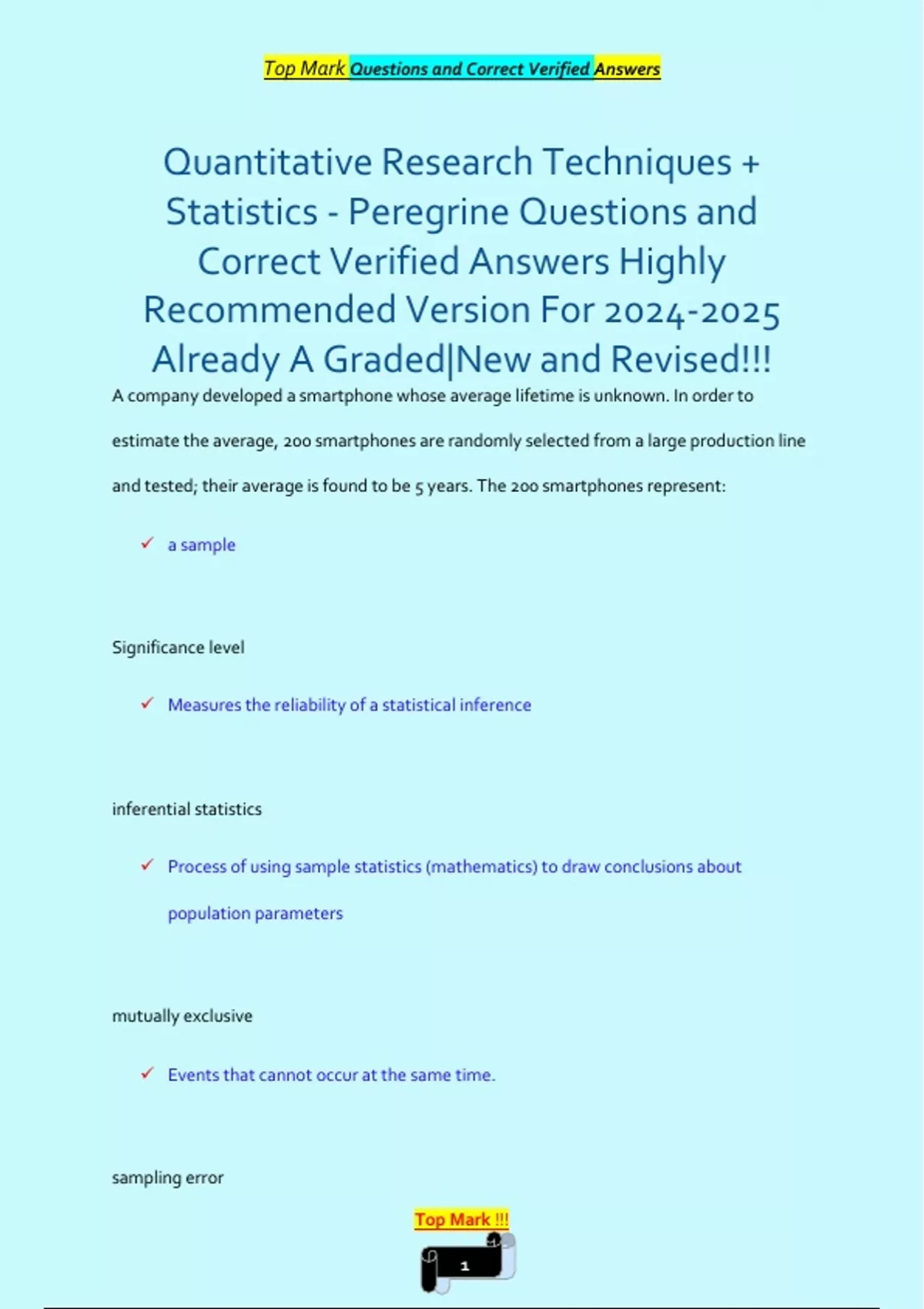 Quantitative Research Techniques + Statistics - Peregrine Questions and Correct Verified Answers ...