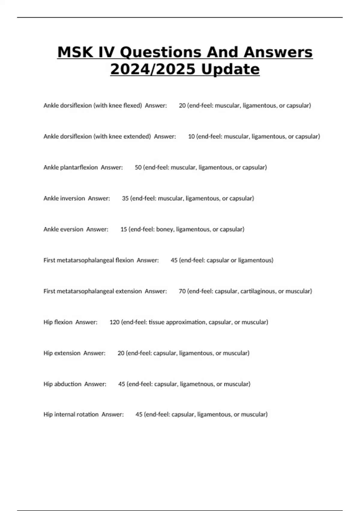 MSK IV Questions And Answers 2024/2025 Update - MSK IV - Stuvia US