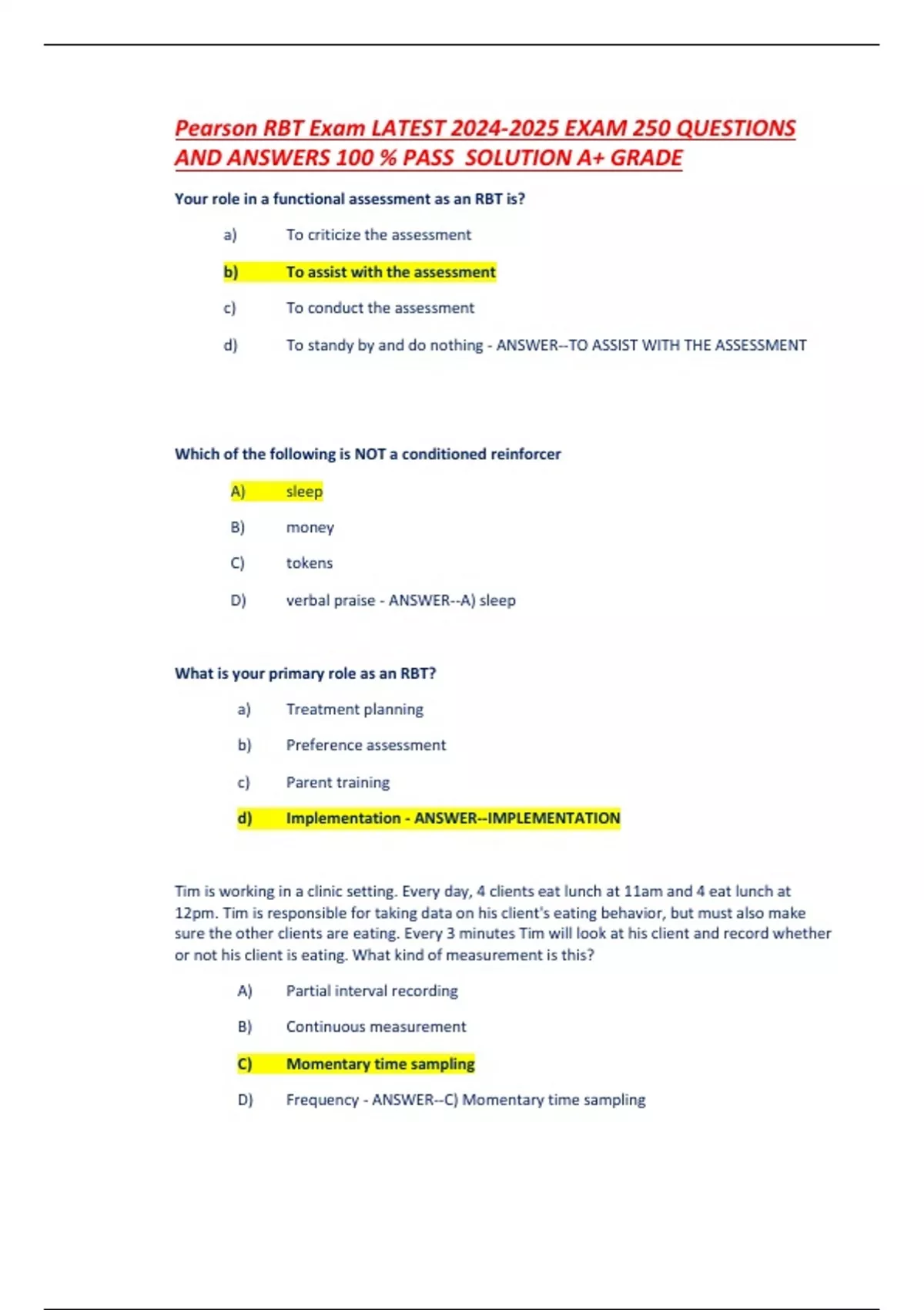 Pearson RBT Exam LATEST EXAM 250 QUESTIONS AND ANSWERS 100 % PASS ...