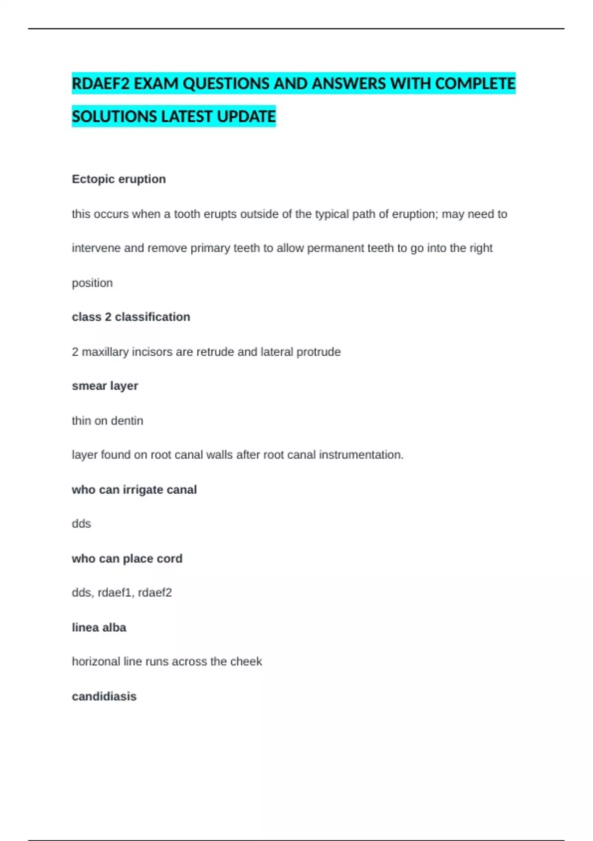 RDAEF2 EXAM QUESTIONS AND ANSWERS WITH COMPLETE SOLUTIONS LATEST UPDATE ...