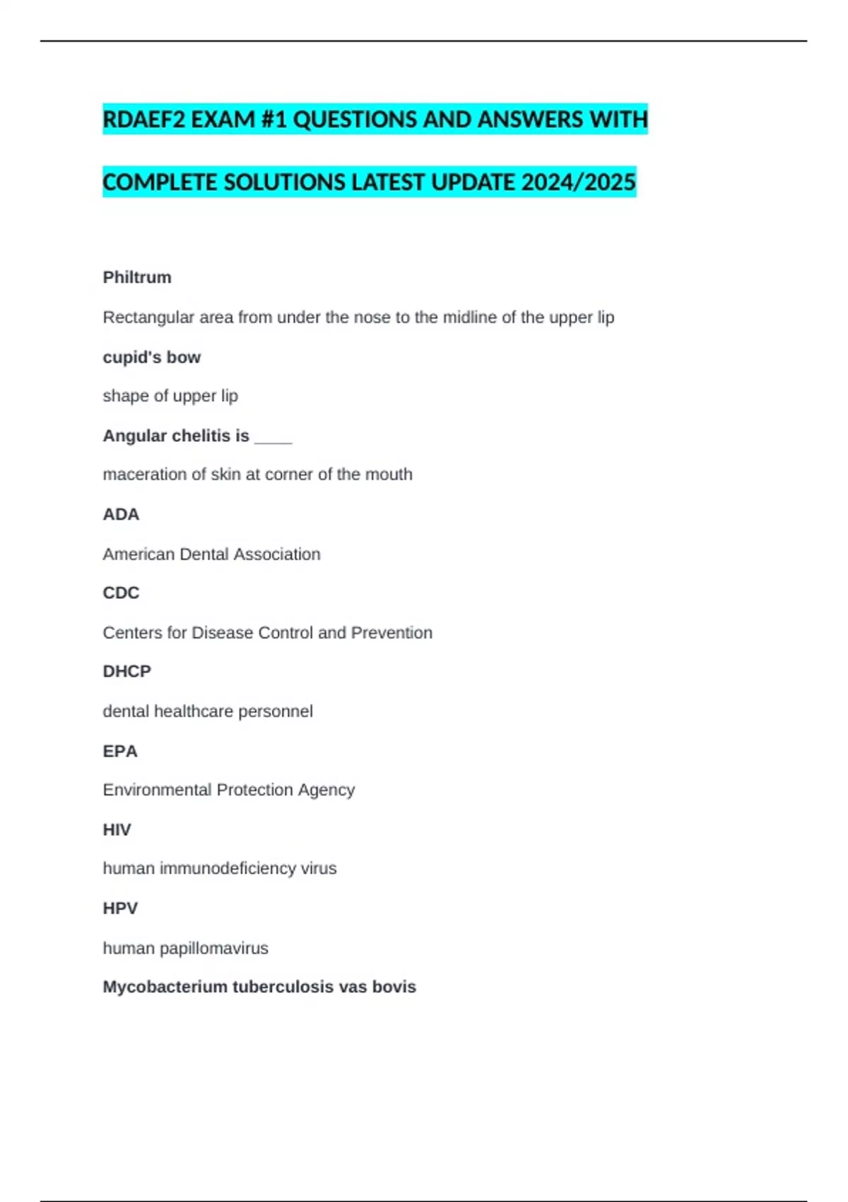 BUNDLE OF RDAEF2 QUESTIONS AND ANSWERS WITH COMPLETE SOLUTIONS LATEST ...