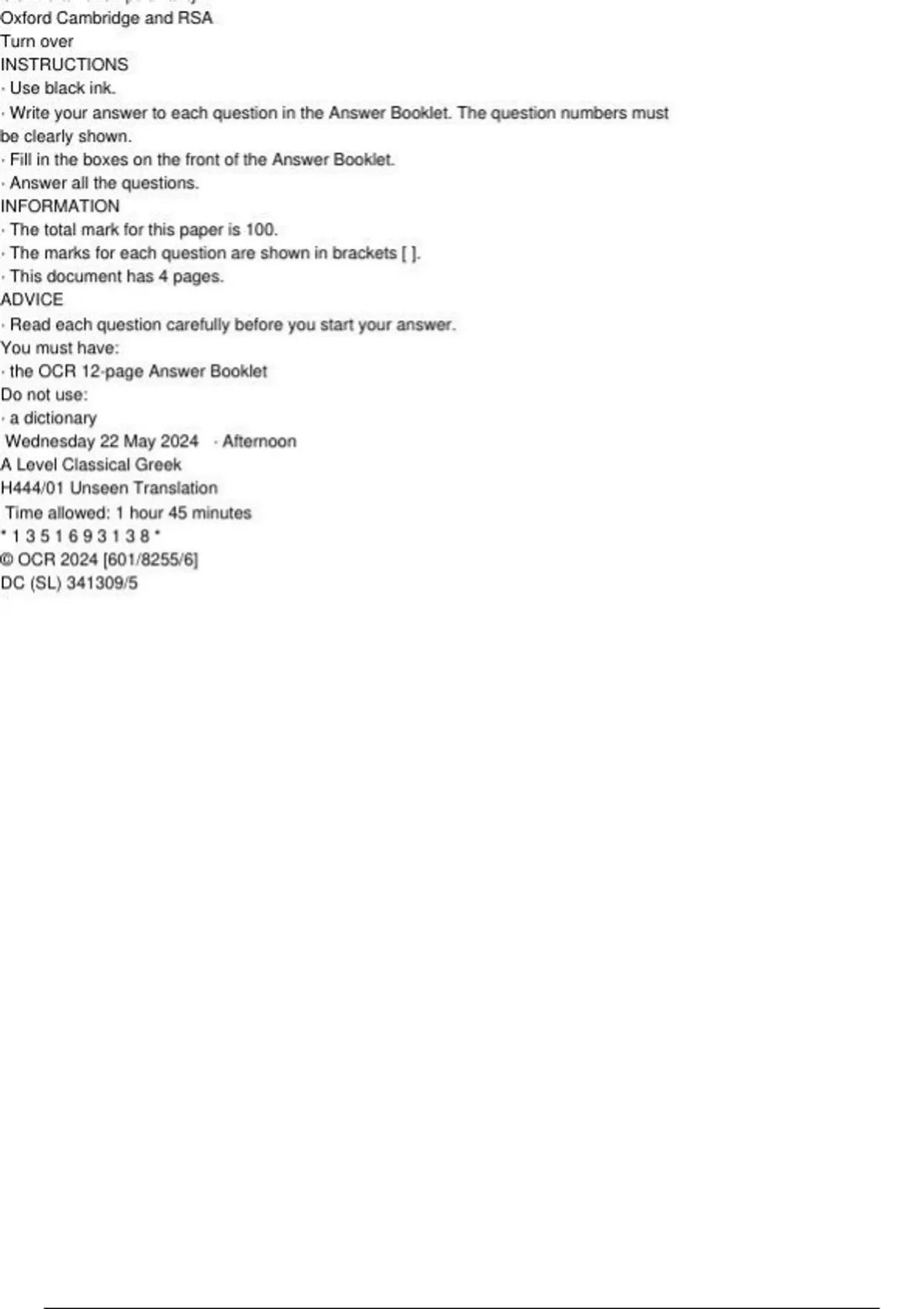 OCR Classical Greek (A Level) H444_01 Unseen translation June 2024 ...