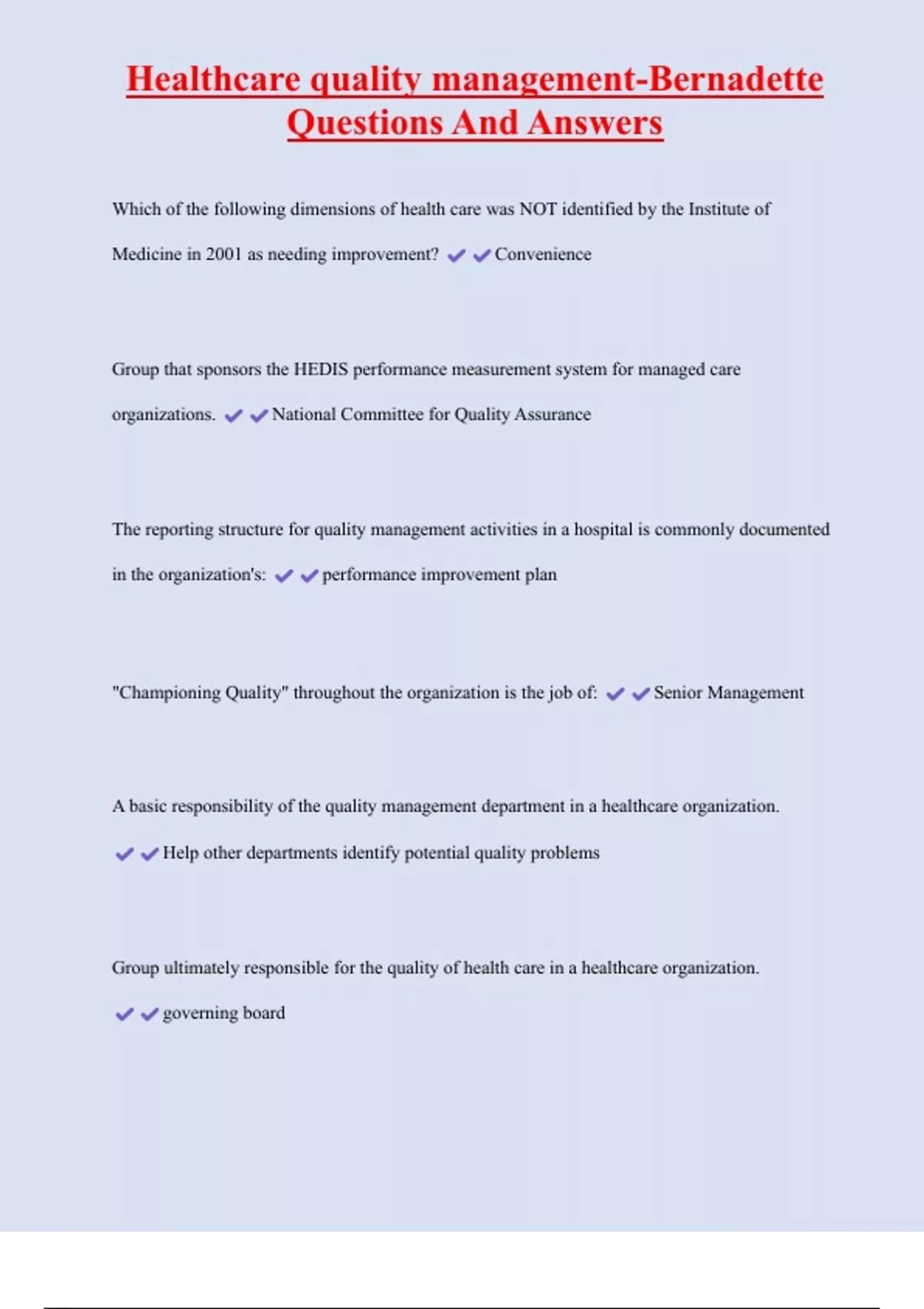 Healthcare quality management-Bernadette Questions And Answers ...