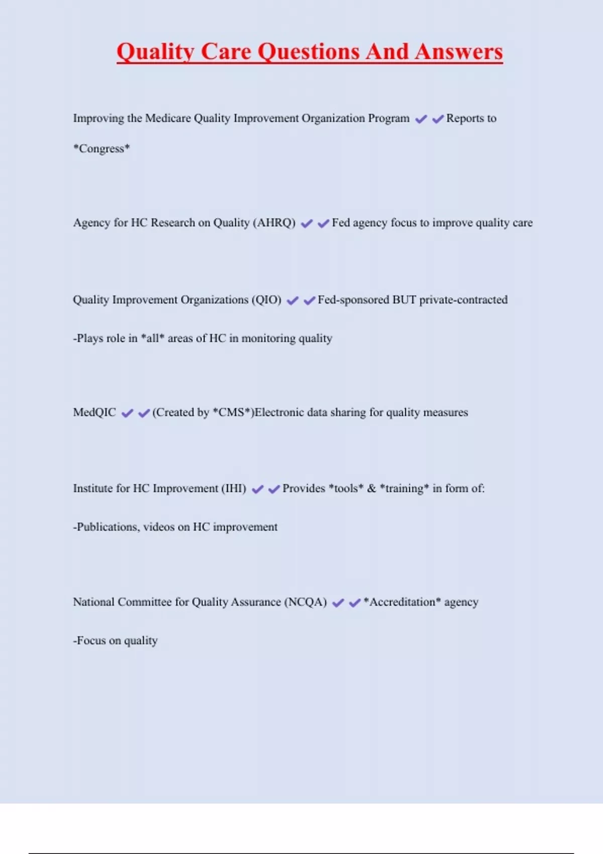 Quality Care Questions And Answers - Quality Improvement and Risk Management - Stuvia US