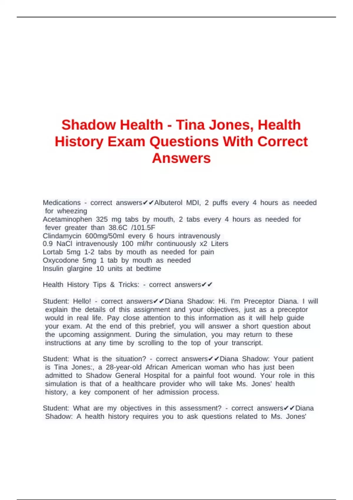 Shadow Health - Tina Jones, Health History Exam Questions With Correct ...