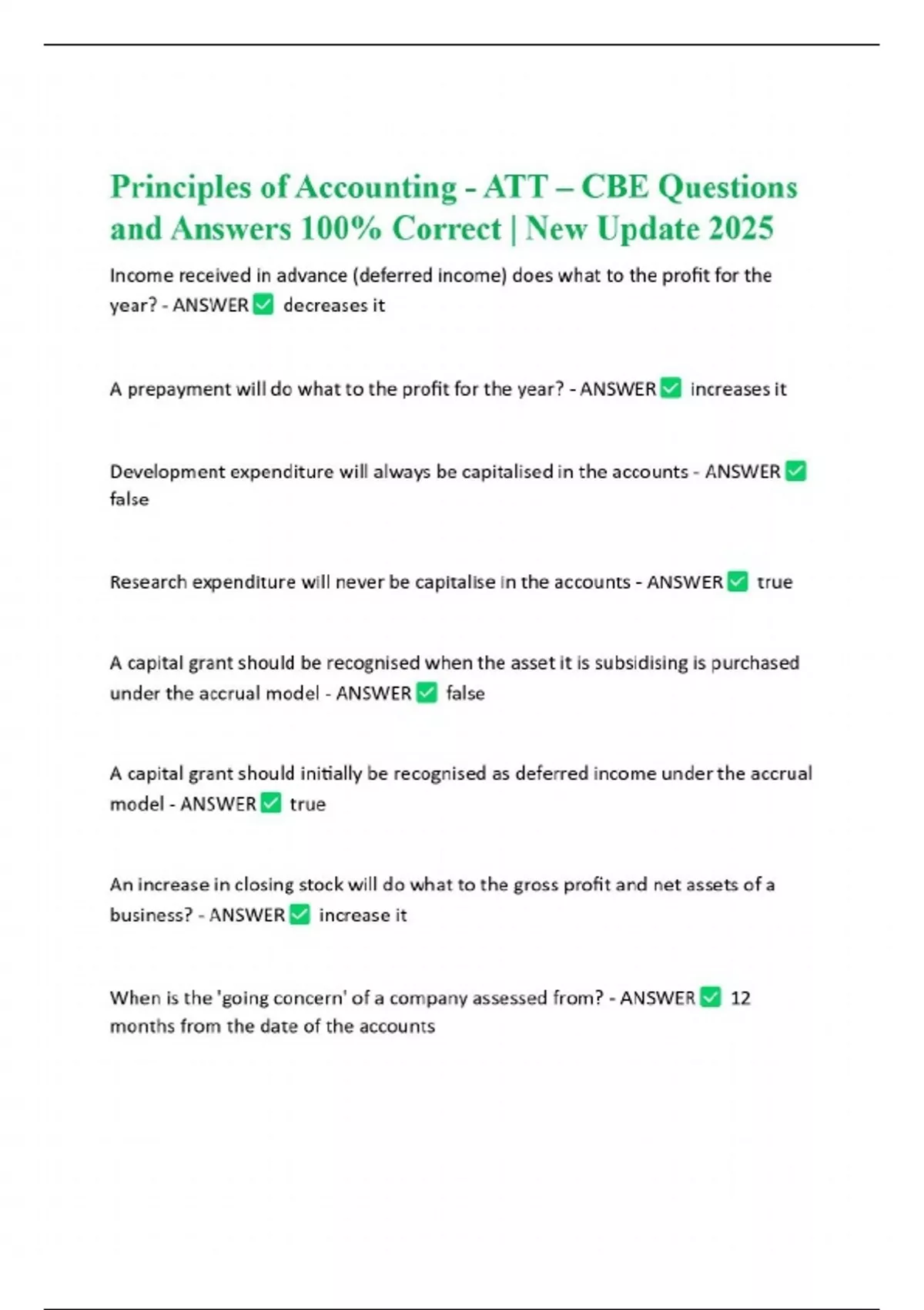 Principles Of Accounting Att Cbe Questions And Answers 100 Correct New Update 2025 Att