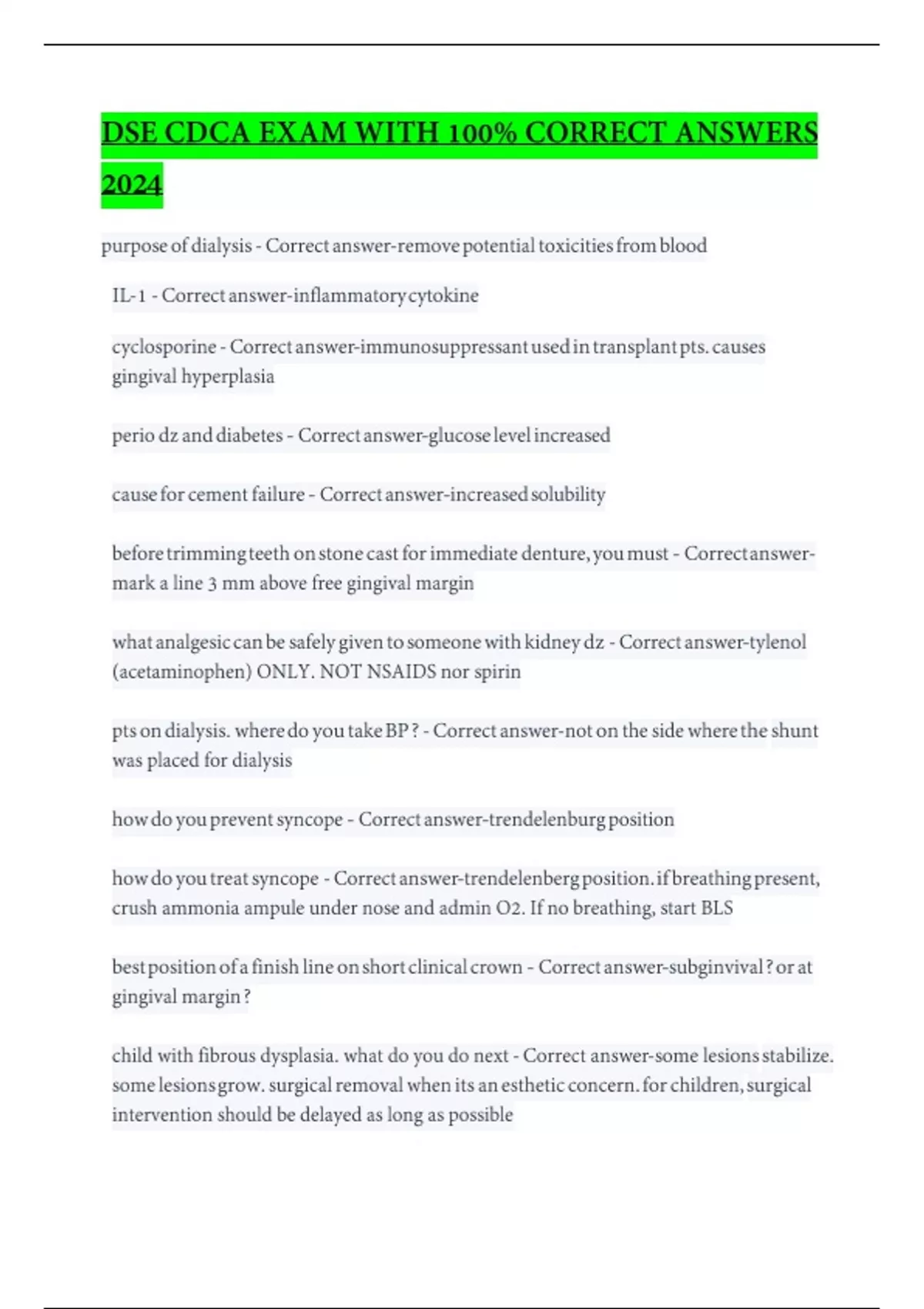 DSE CDCA (Test questions with 100% correct answers) UPDATED 2024 - DSE ...