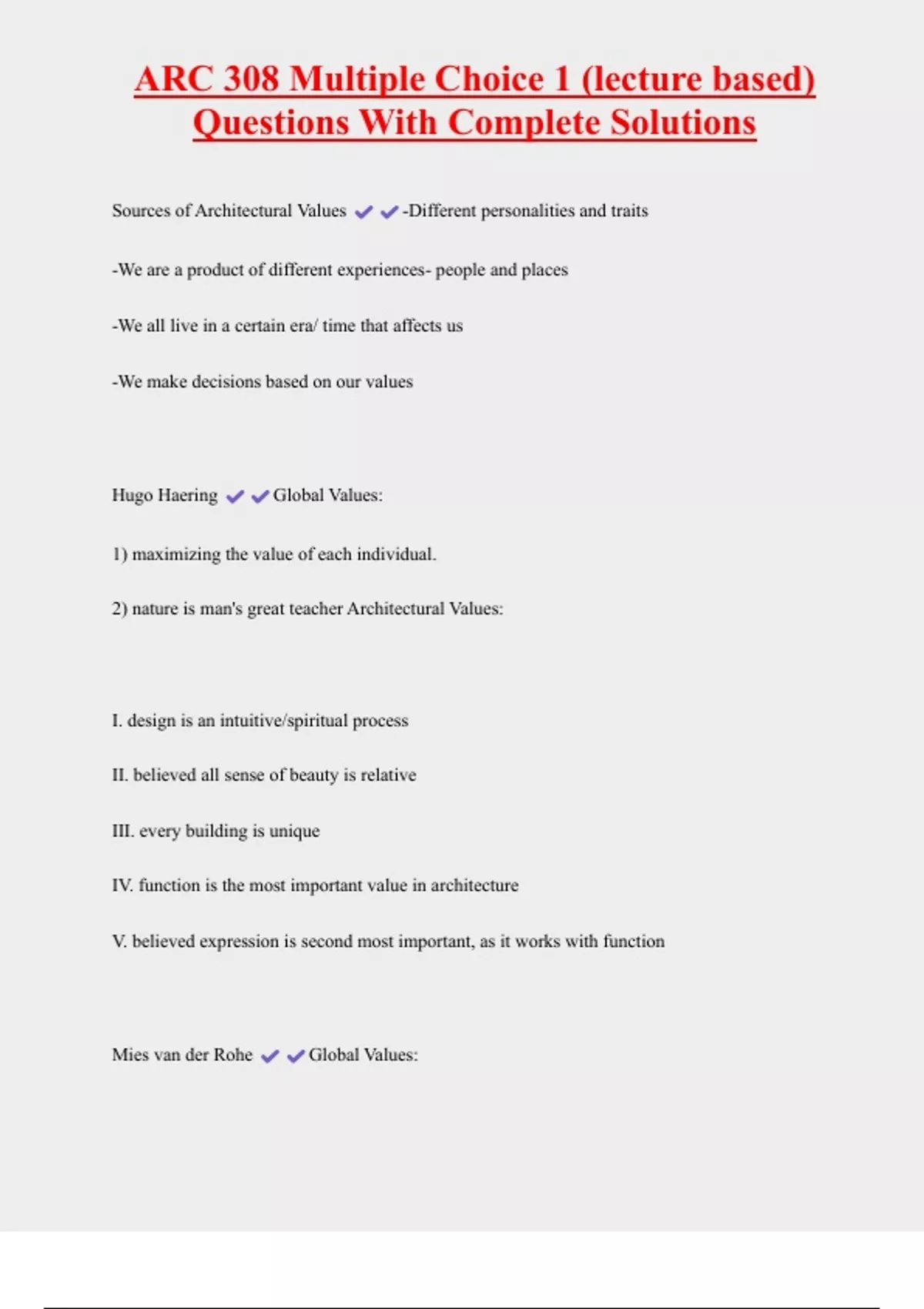 ARC 308 Multiple Choice 1 (lecture based) Questions With Complete Solutions - ARC 308 - Stuvia US