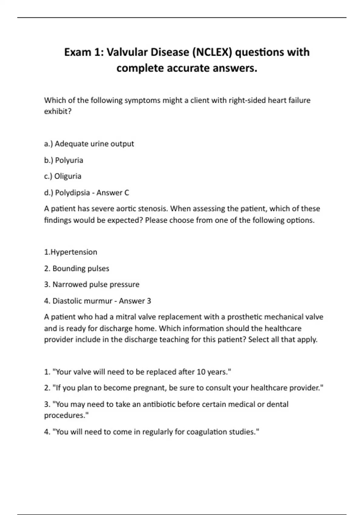 Valvular Disease (NCLEX) questions with complete accurate answers ...